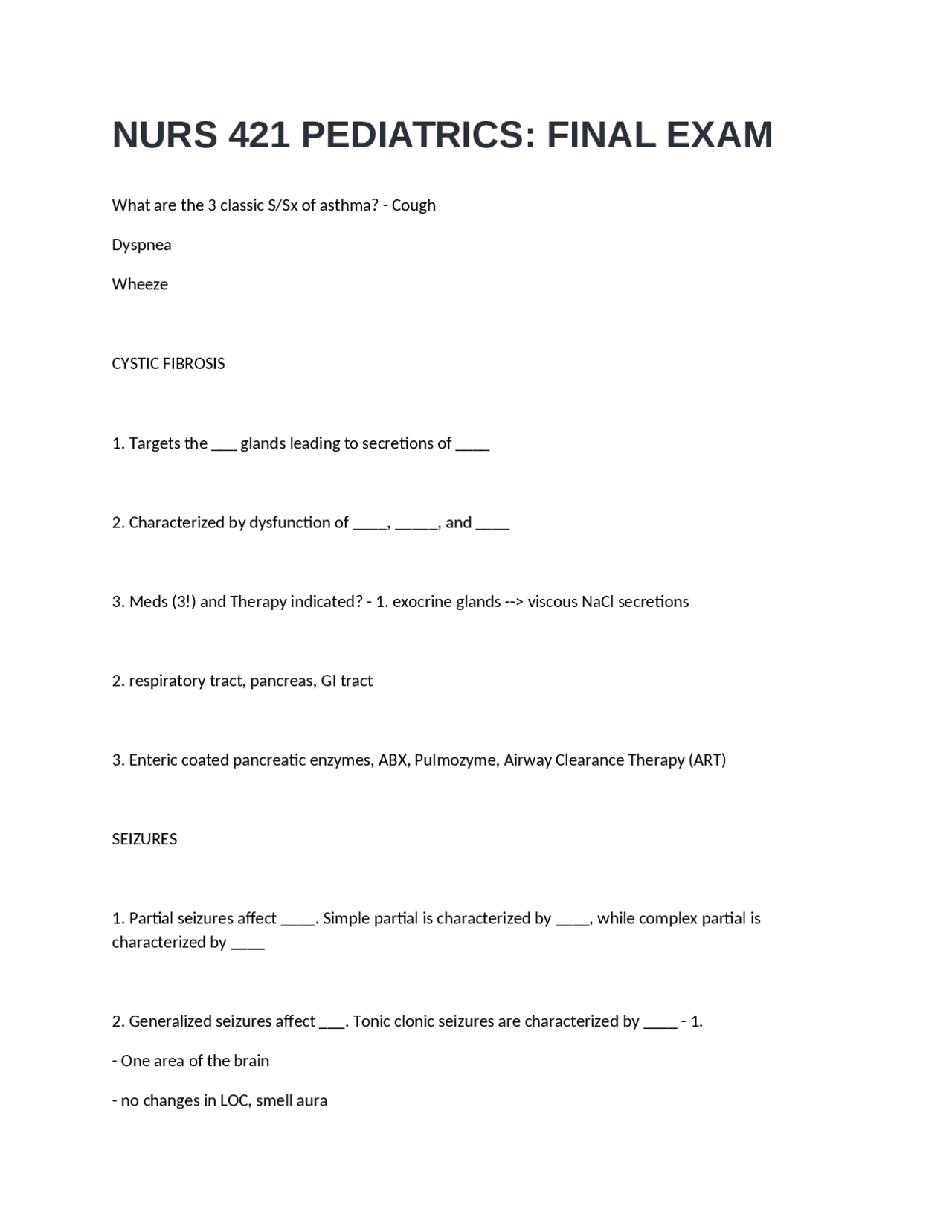 NURS 421 PEDIATRICS: FINAL EXAM - Study Guide with Questions and ...