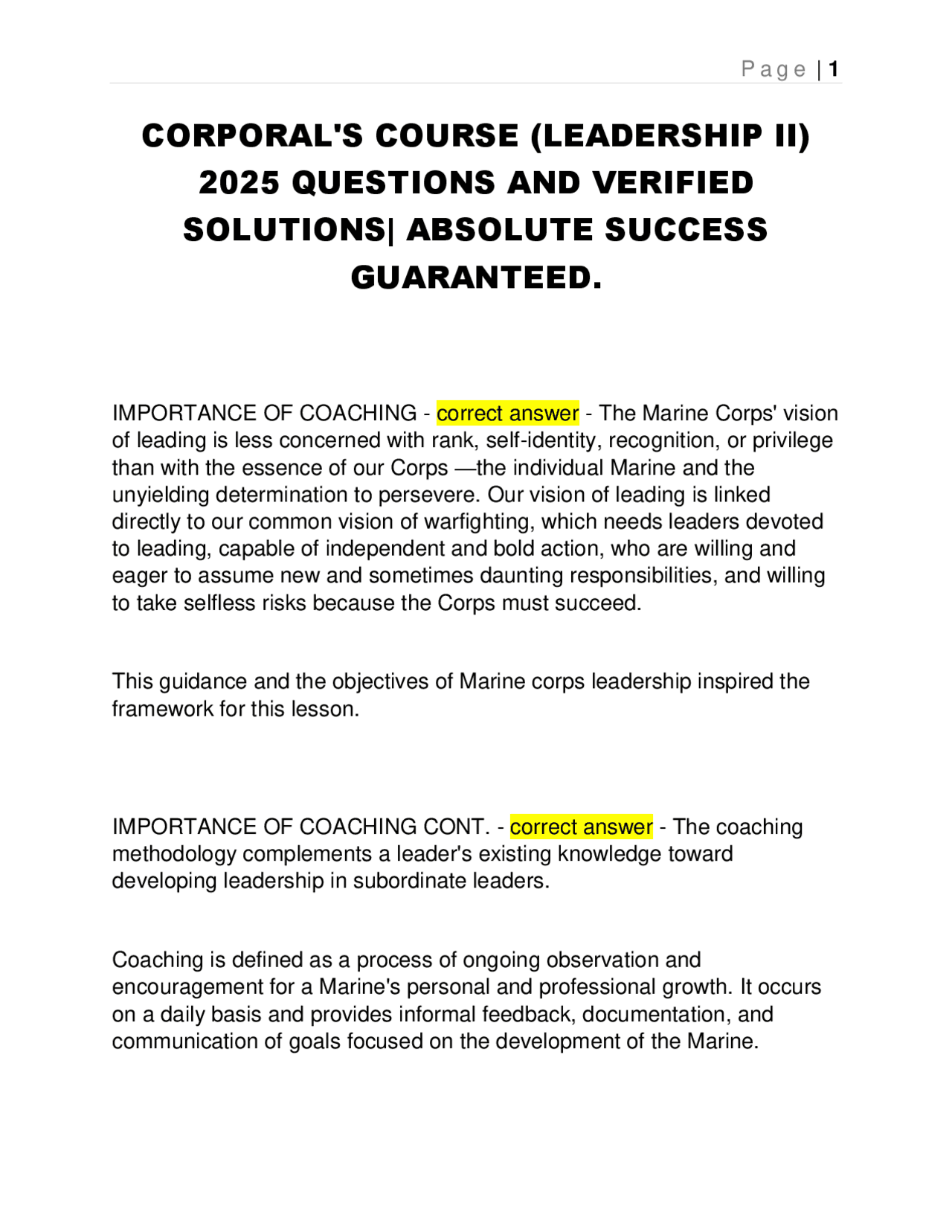 CORPORAL'S COURSE (LEADERSHIP II) 2025 QUESTIONS AND VERIFIED SOLUTIONS ...