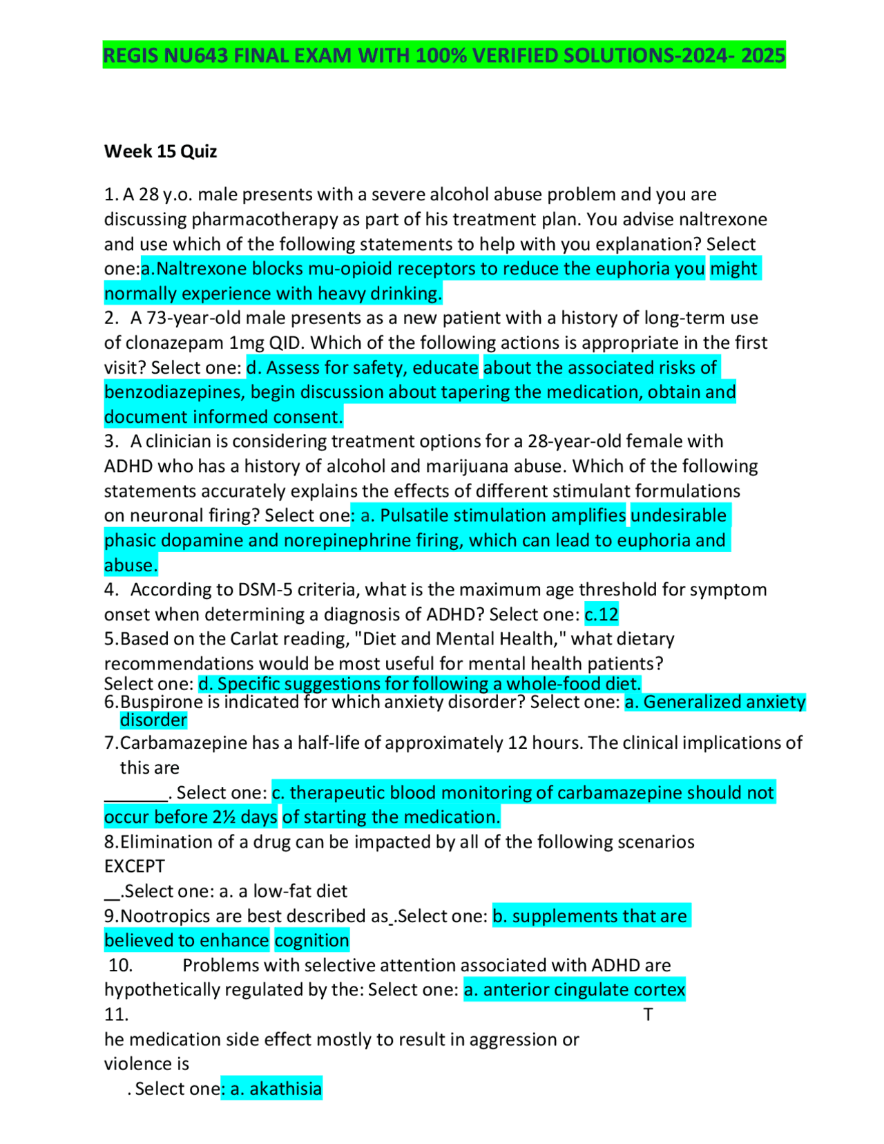 REGIS NU643 FINAL EXAM WITH 100% VERIFIED SOLUTIONS-2024- 2025 Week 15 Quiz 1. A 28 y.o. m ...