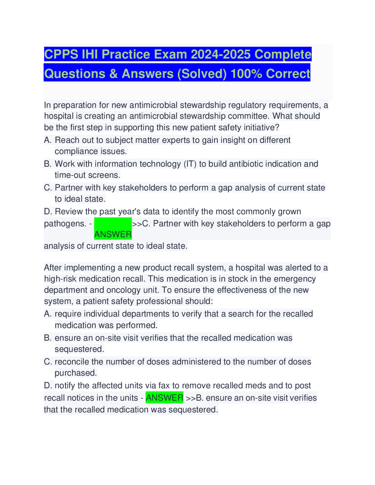 CPPS IHI Practice Exam 2024-2025 Complete Questions & Answers (Solved) 100% Correct | Exams ...