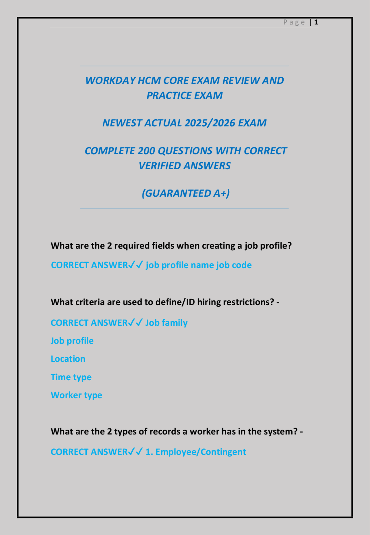 WORKDAY HCM CORE EXAM REVIEW AND PRACTICE EXAM NEWEST ACTUAL 2025/2026 ...