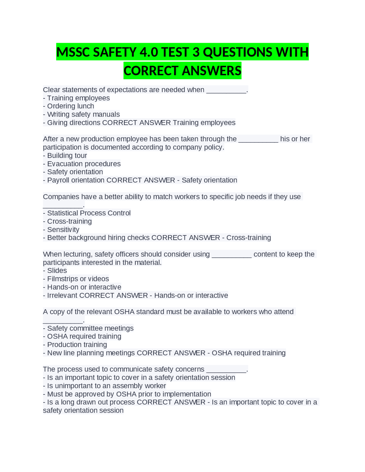 MSSC SAFETY 4.0 TEST 3 QUESTIONS WITH CORRECT ANSWERS | Exams Advanced ...