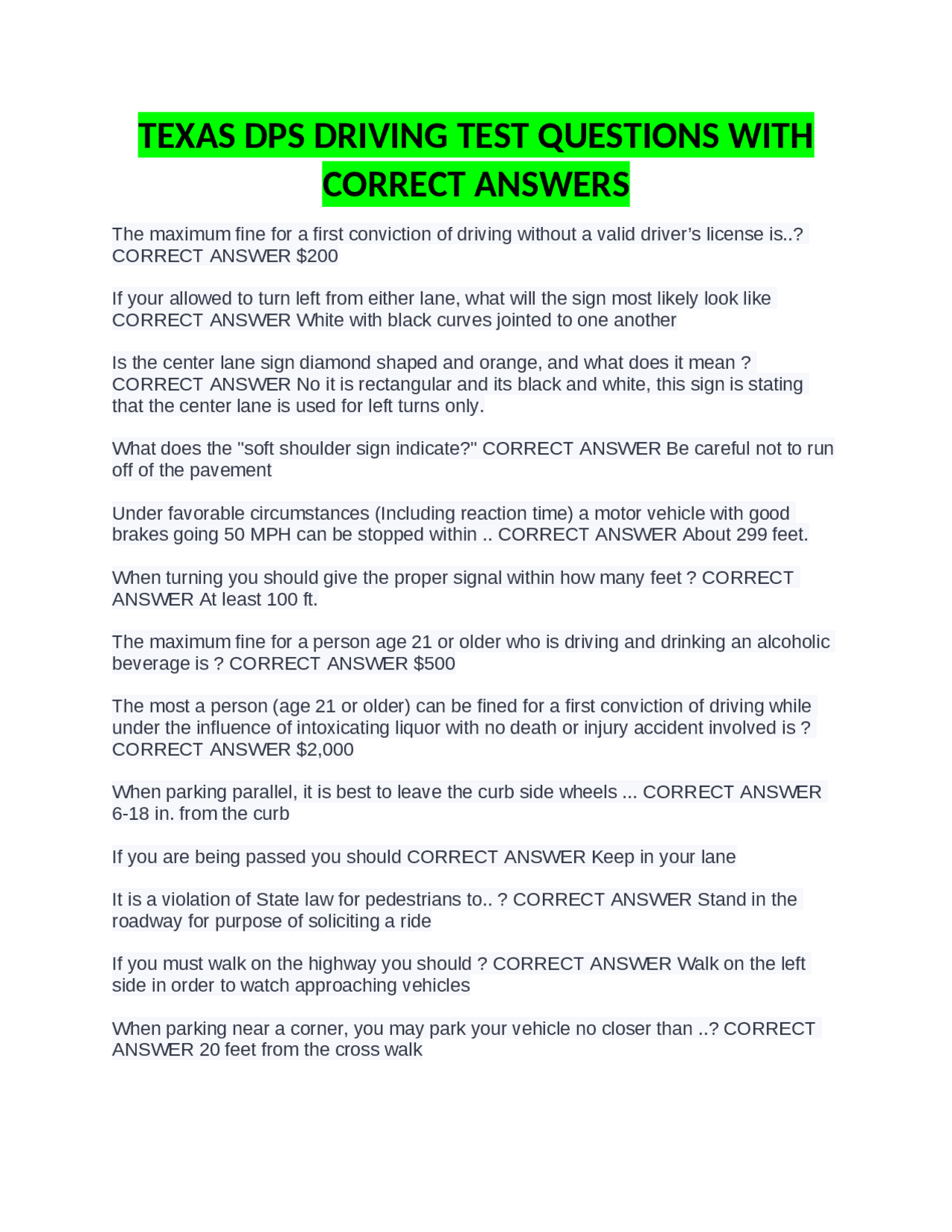 Texas DPS Driving Test Questions and Answers | Exams Advanced Education ...