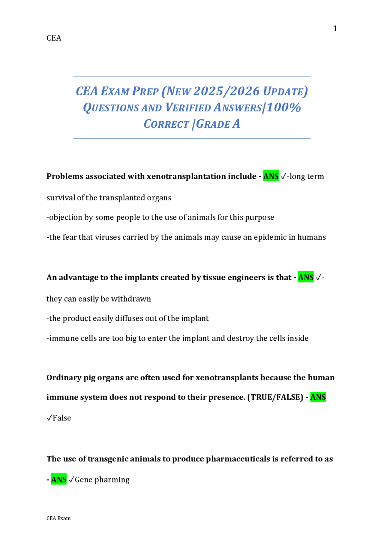 CEA EXAM PREP (NEW 2025-2026 UPDATE) QUESTIONS AND VERIFIED ANSWERS100 ...