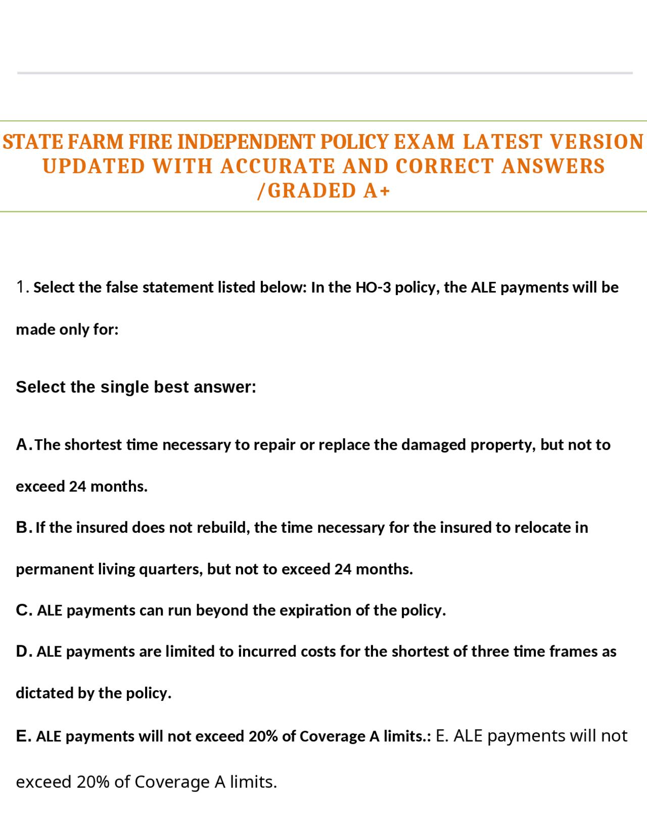 STATE FARM FIRE INDEPENDENT POLICY EXAM LATEST VERSION UPDATED WITH ...