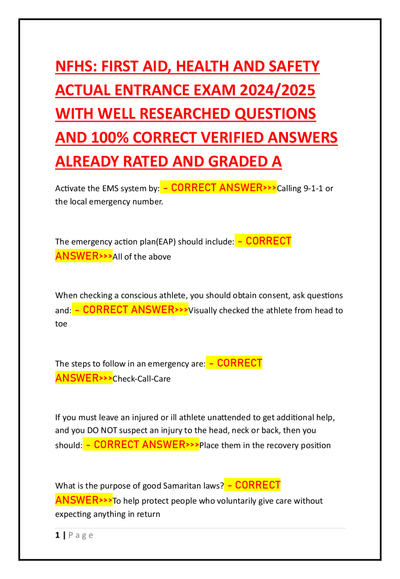 NFHS First Aid, Health and Safety: Actual Entrance Exam Questions and ...