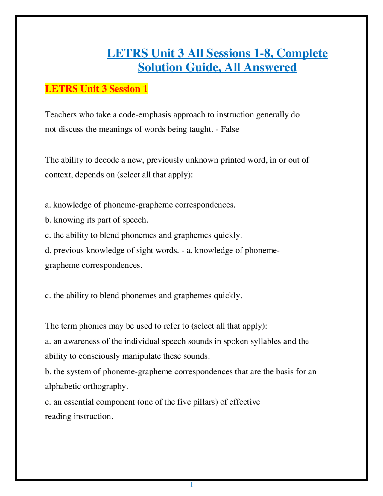 LETRS Unit 3: Decoding and Word Recognition - Exercises and Questions ...