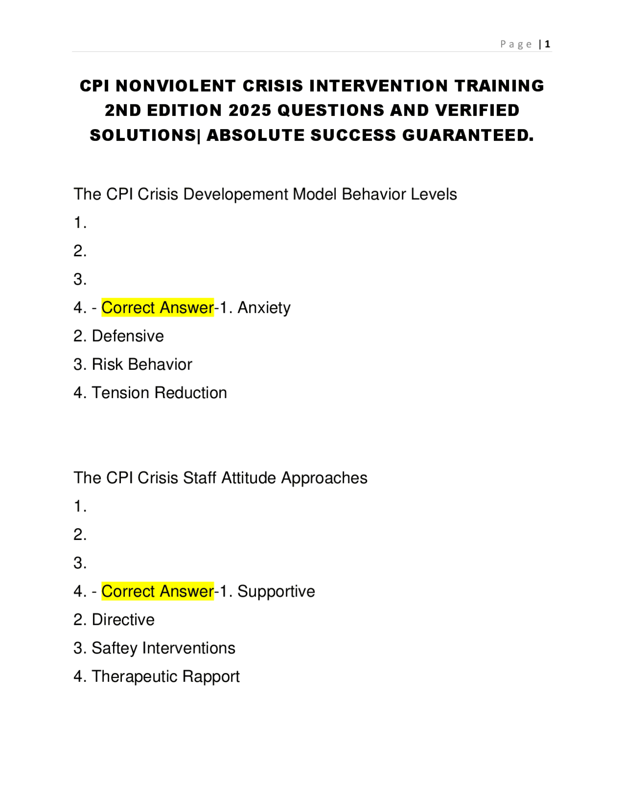 CPI NONVIOLENT CRISIS INTERVENTION TRAINING 2ND EDITION 2025 QUESTIONS ...