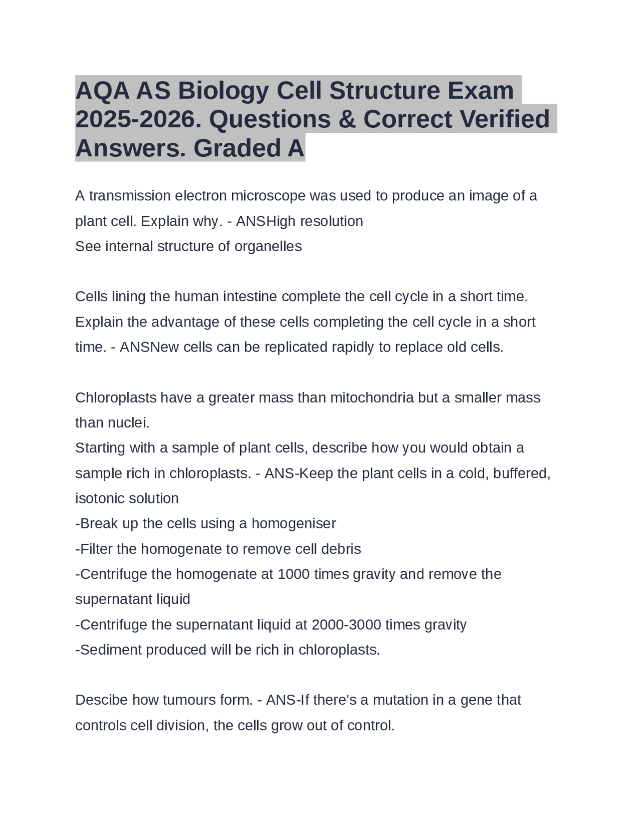 AQA AS Biology Cell Structure Exam 2025-2026. Questions & Correct ...