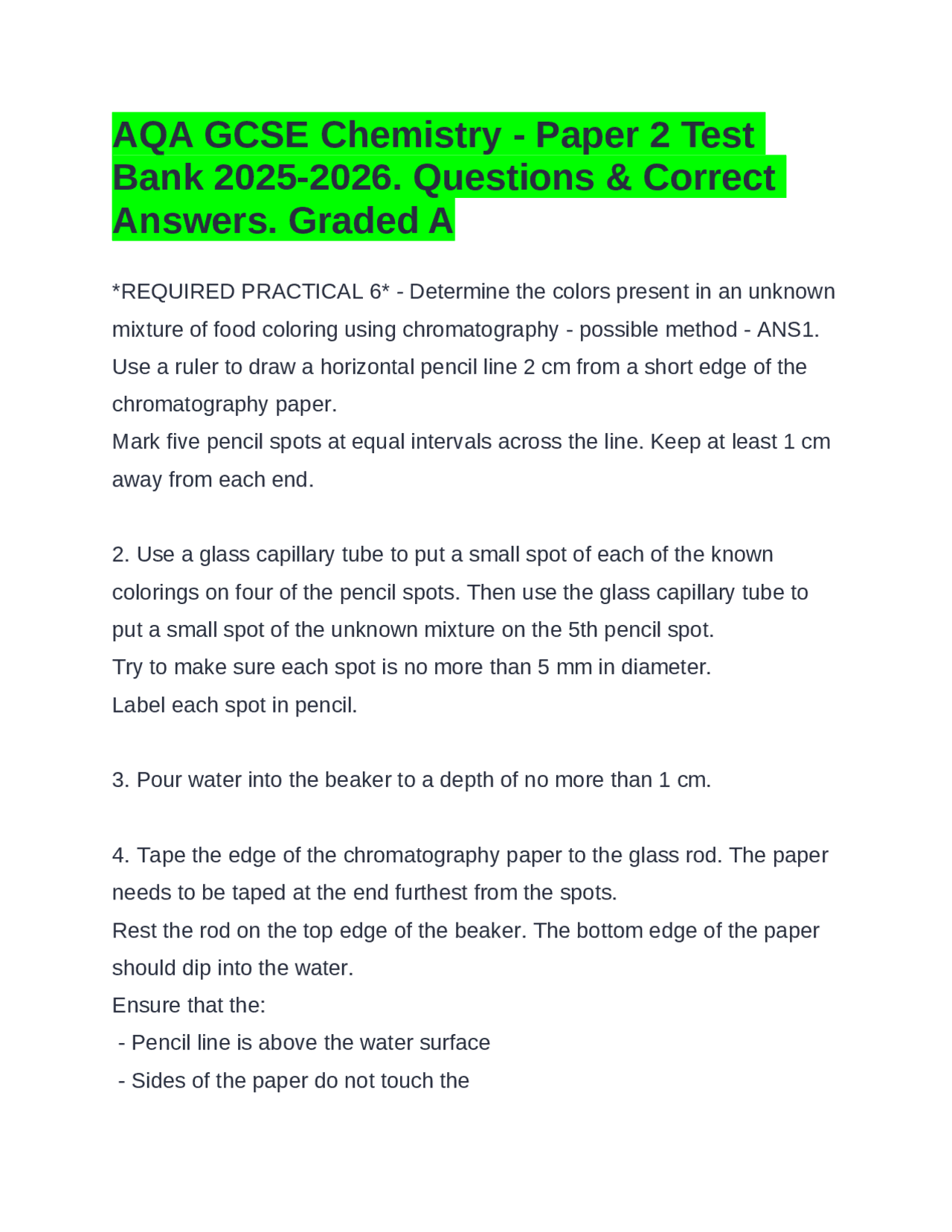 AQA GCSE Chemistry - Paper 2 Test Bank 2025-2026. Questions & Correct ...
