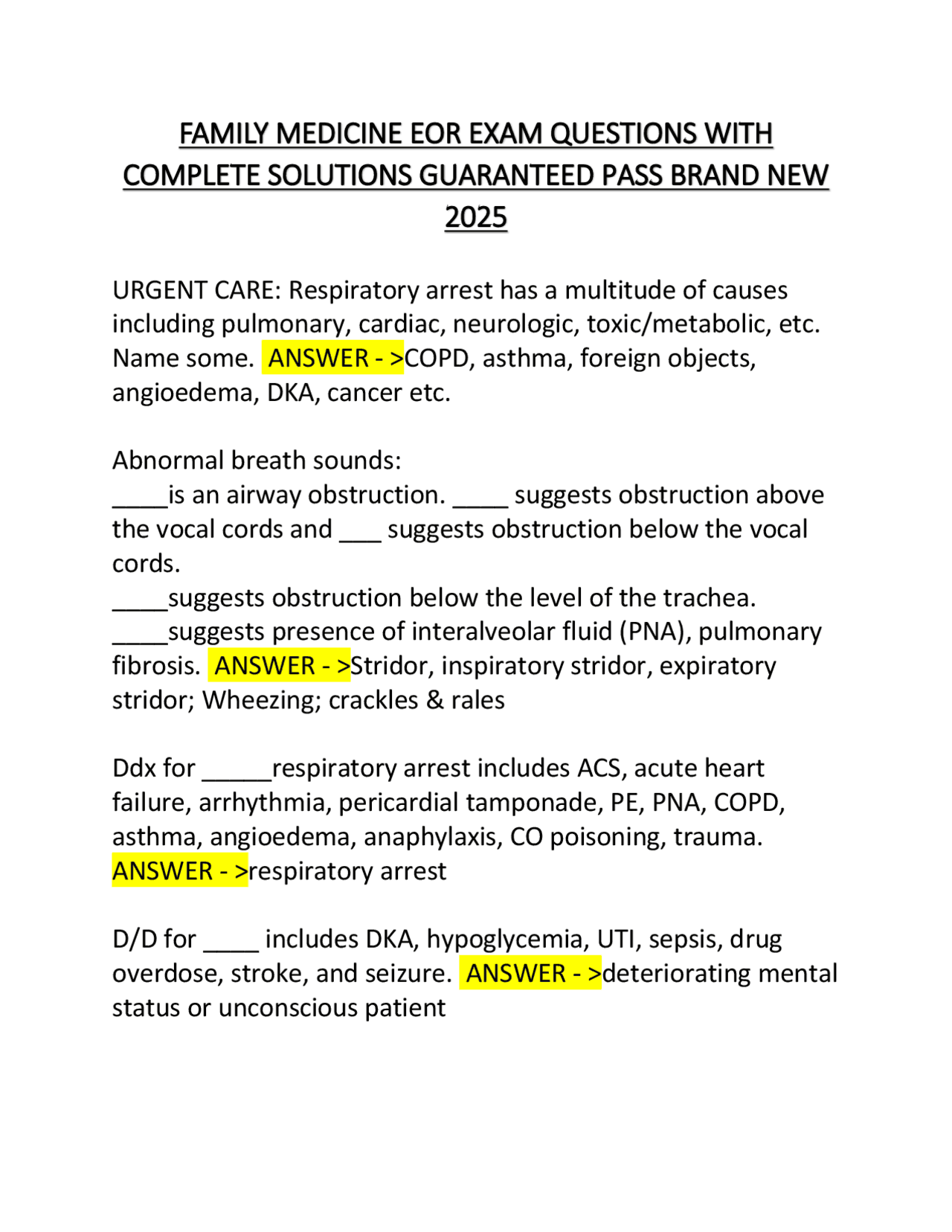 FAMILY MEDICINE EOR EXAM QUESTIONS WITH COMPLETE SOLUTIONS GUARANTEED ...