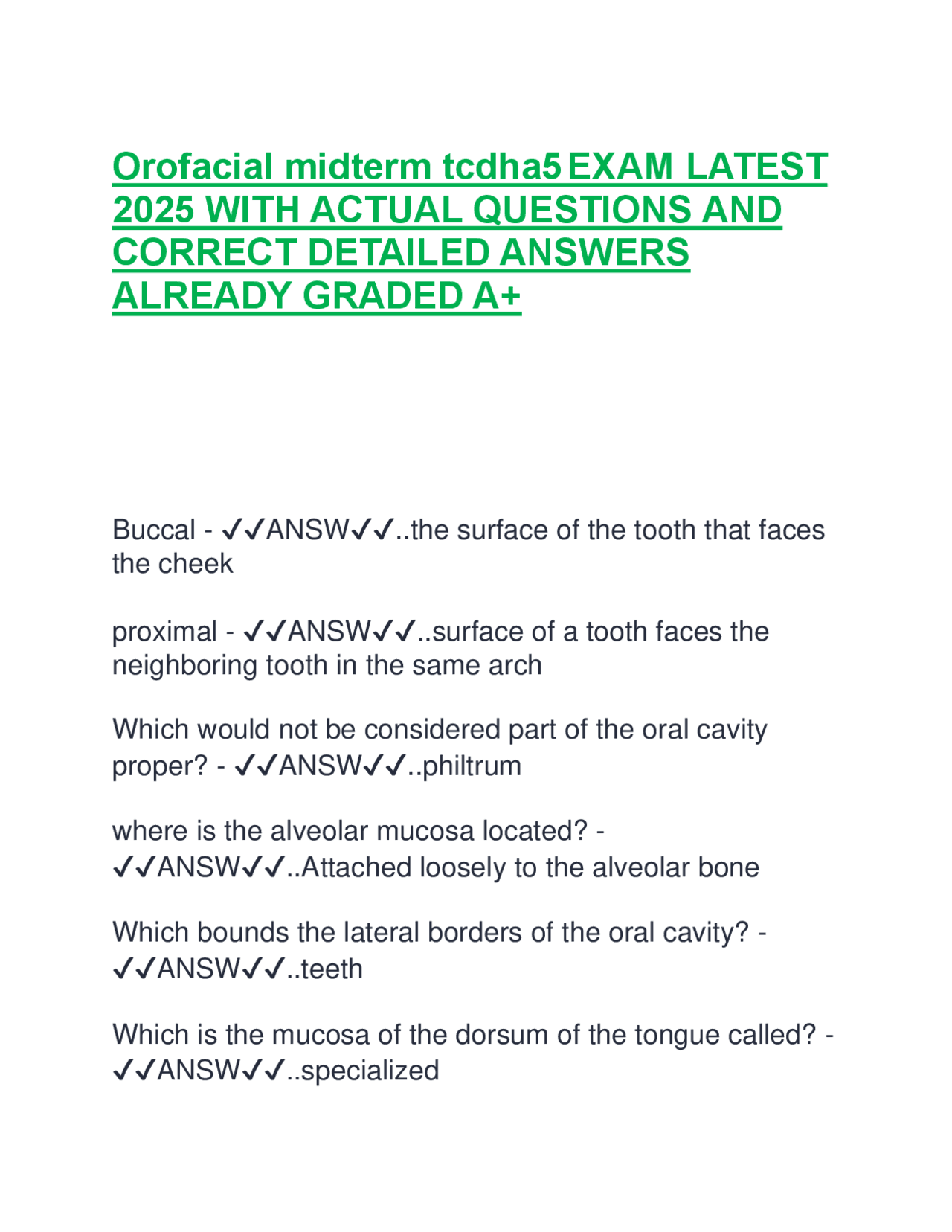 Orofacial midterm tcdha5 EXAM LATEST 2025 WITH ACTUAL QUESTIONS AND ...