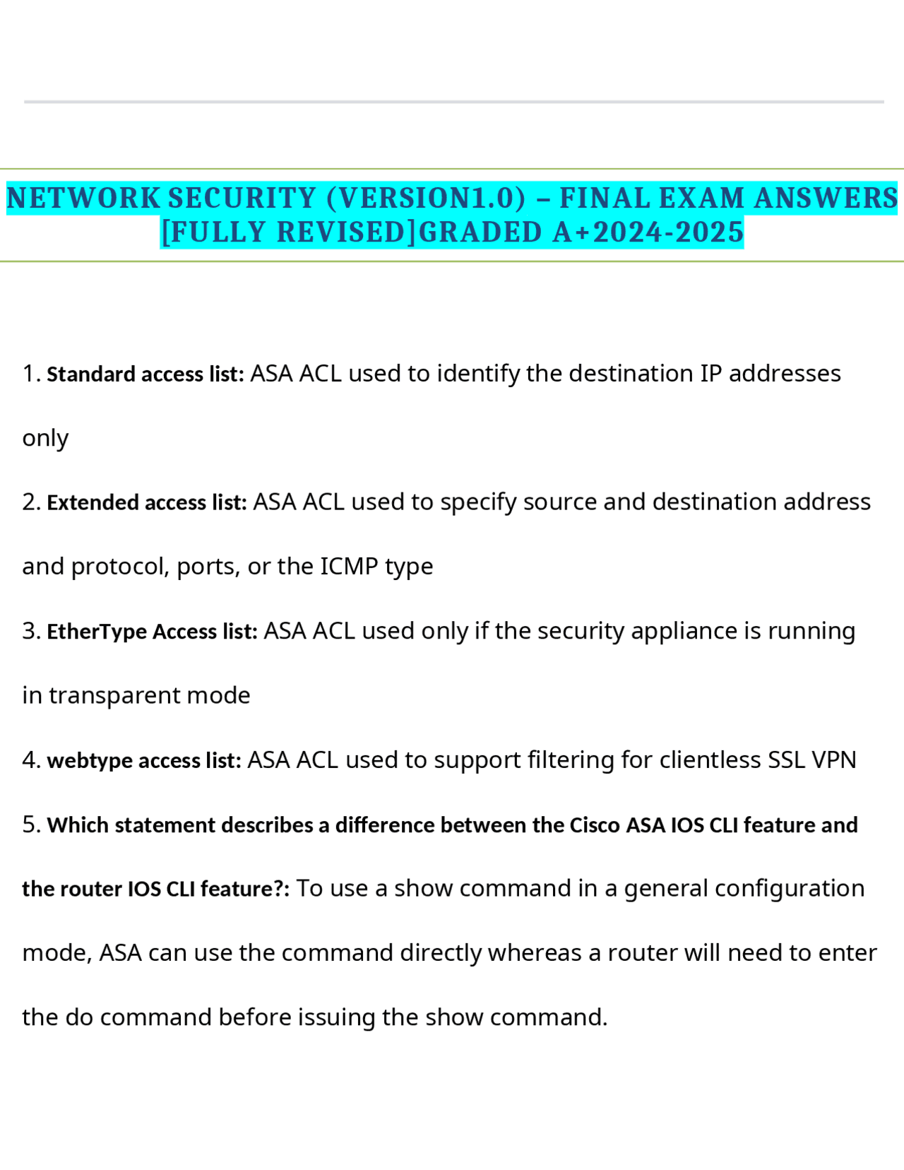 NETWORK SECURITY (VERSION1.0) – FINAL EXAM ANSWERS [FULLY REVISED]GRADED A+2024-2025 | Exams ...