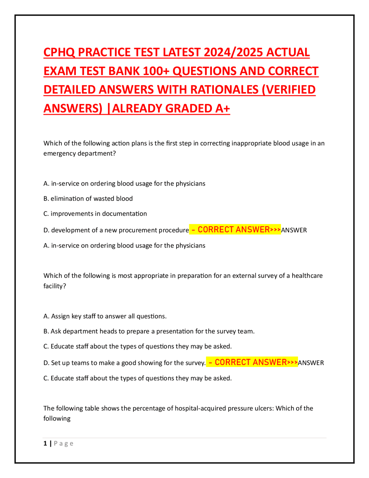 CPHQ PRACTICE TEST LATEST 2024/2025 ACTUAL EXAM TEST BANK 100+ CORRECT ...
