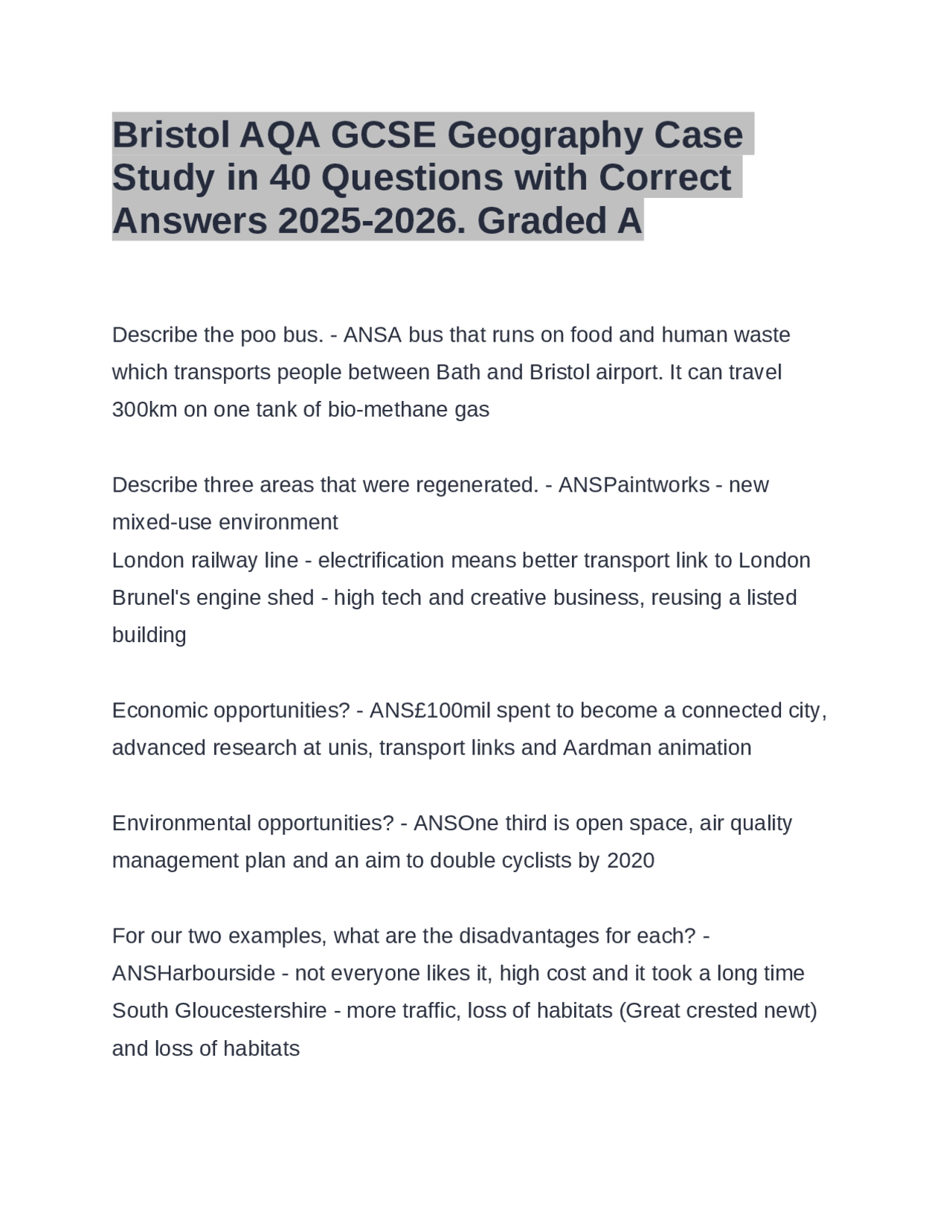 Bristol AQA GCSE Geography Case Study in 40 Questions with Correct ...