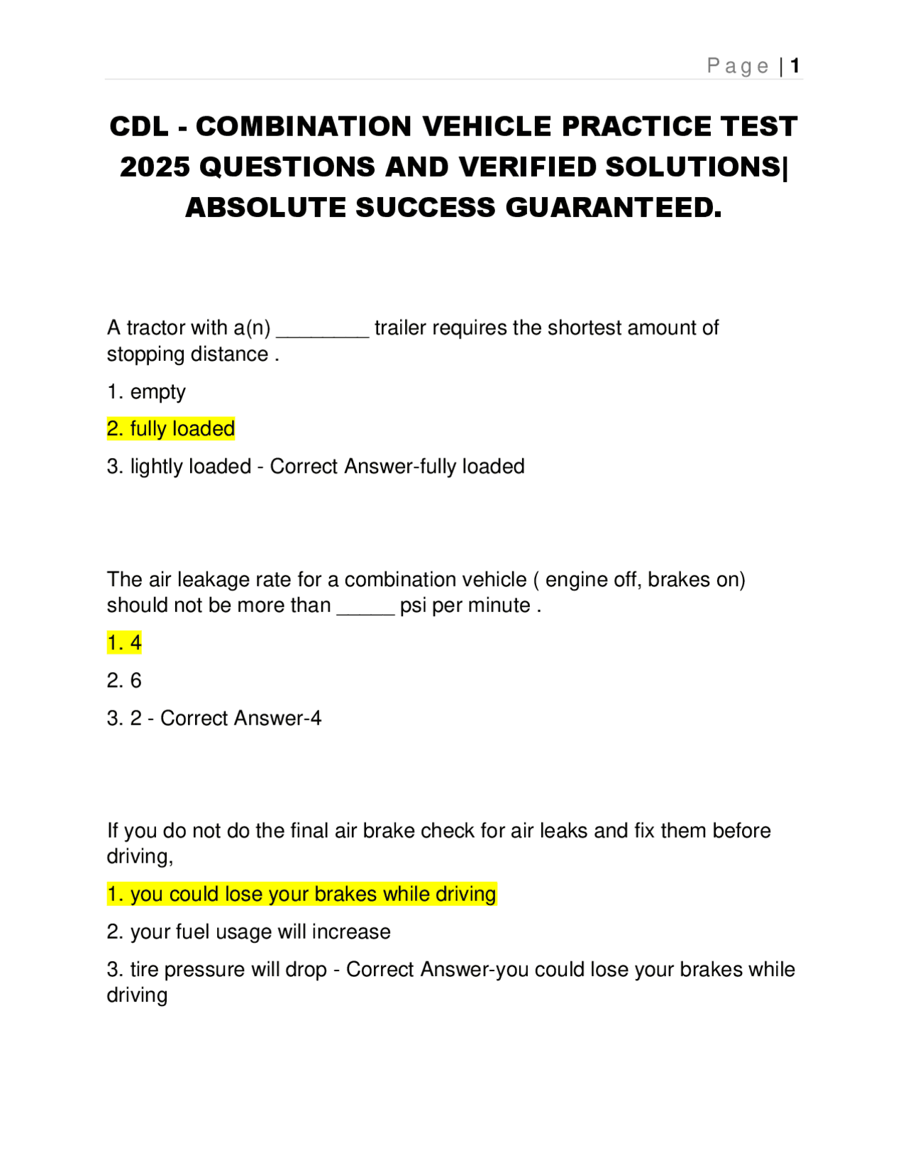 CDL - COMBINATION VEHICLE PRACTICE TEST 2025 QUESTIONS AND VERIFIED ...