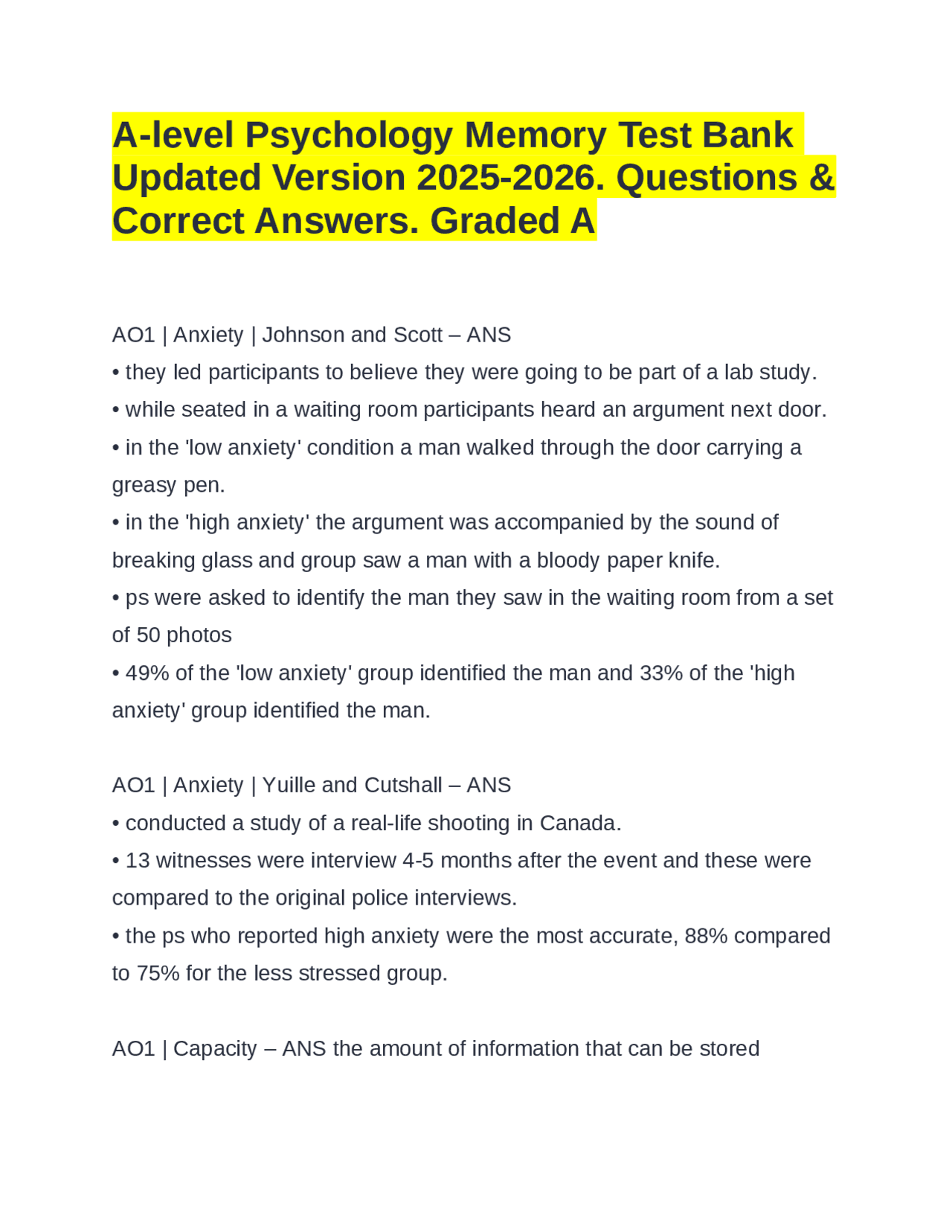 A-level Psychology Memory Test Bank Updated Version 2025-2026 ...