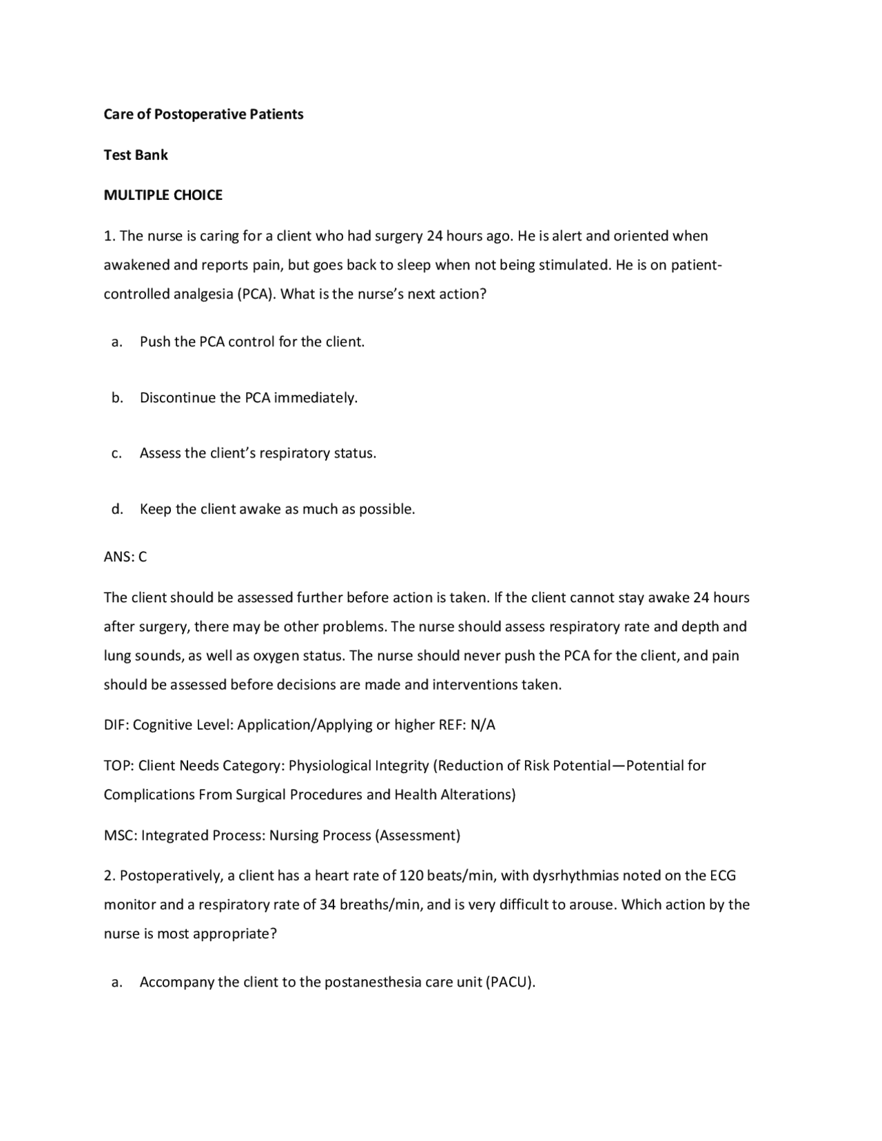 ATI Medical Surgical Nursing, Care of Postoperative Patients | Exams ...