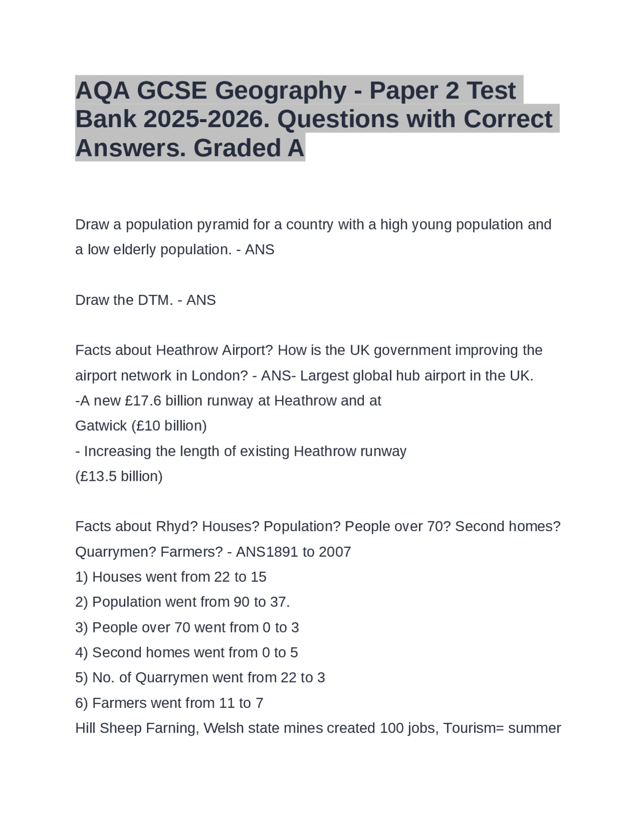 AQA GCSE Geography - Paper 2 Test Bank 2025-2026. Questions with ...