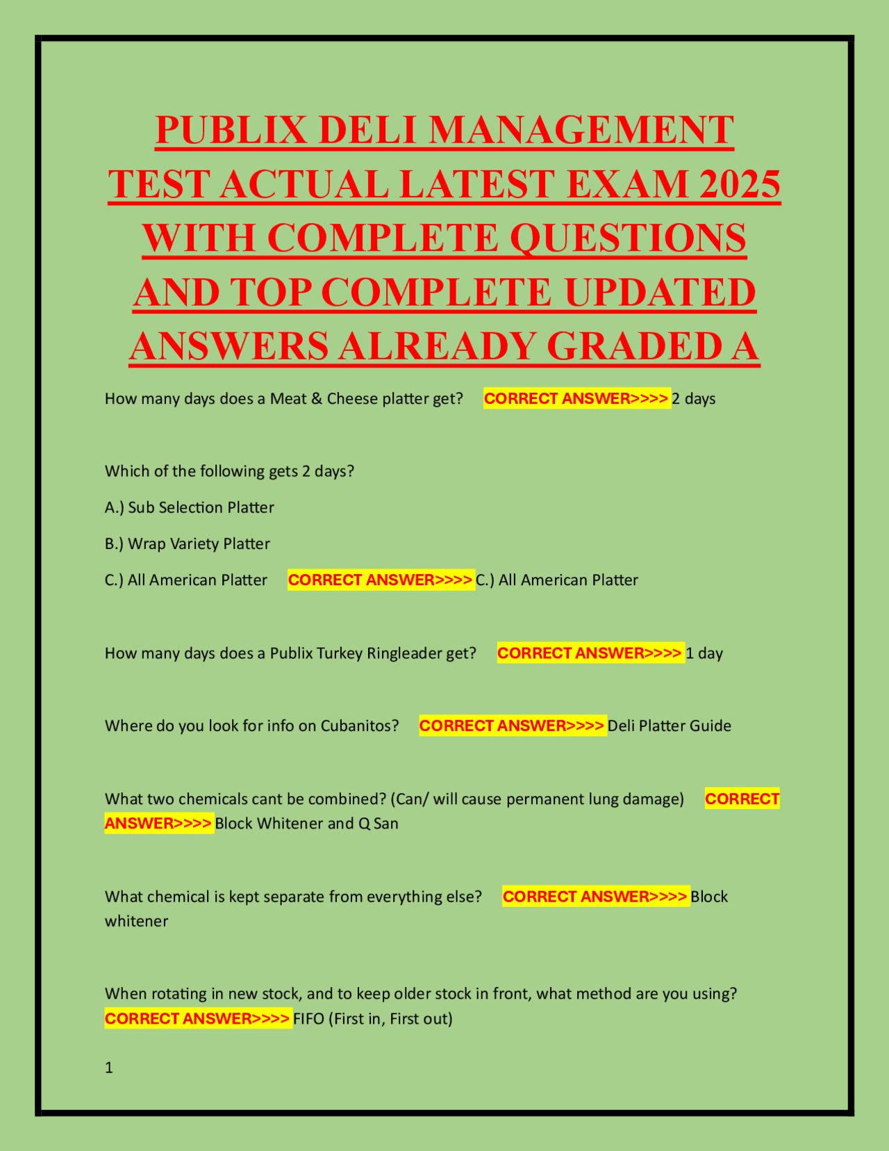 PUBLIX DELI MANAGEMENT TEST ACTUAL LATEST EXAM 2025 WITH COMPLETE ...