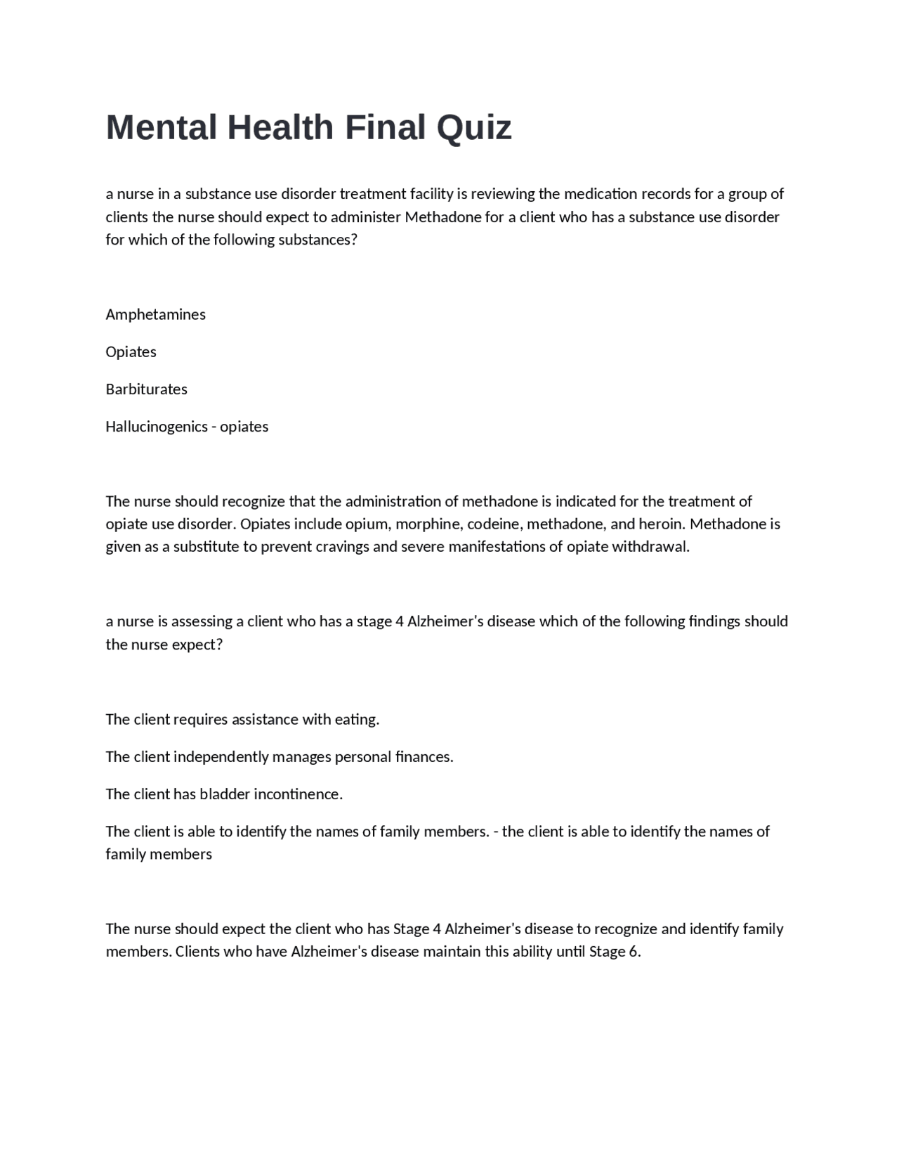 Mental Health Final Quiz: Multiple Choice Questions and Answers | Exams ...