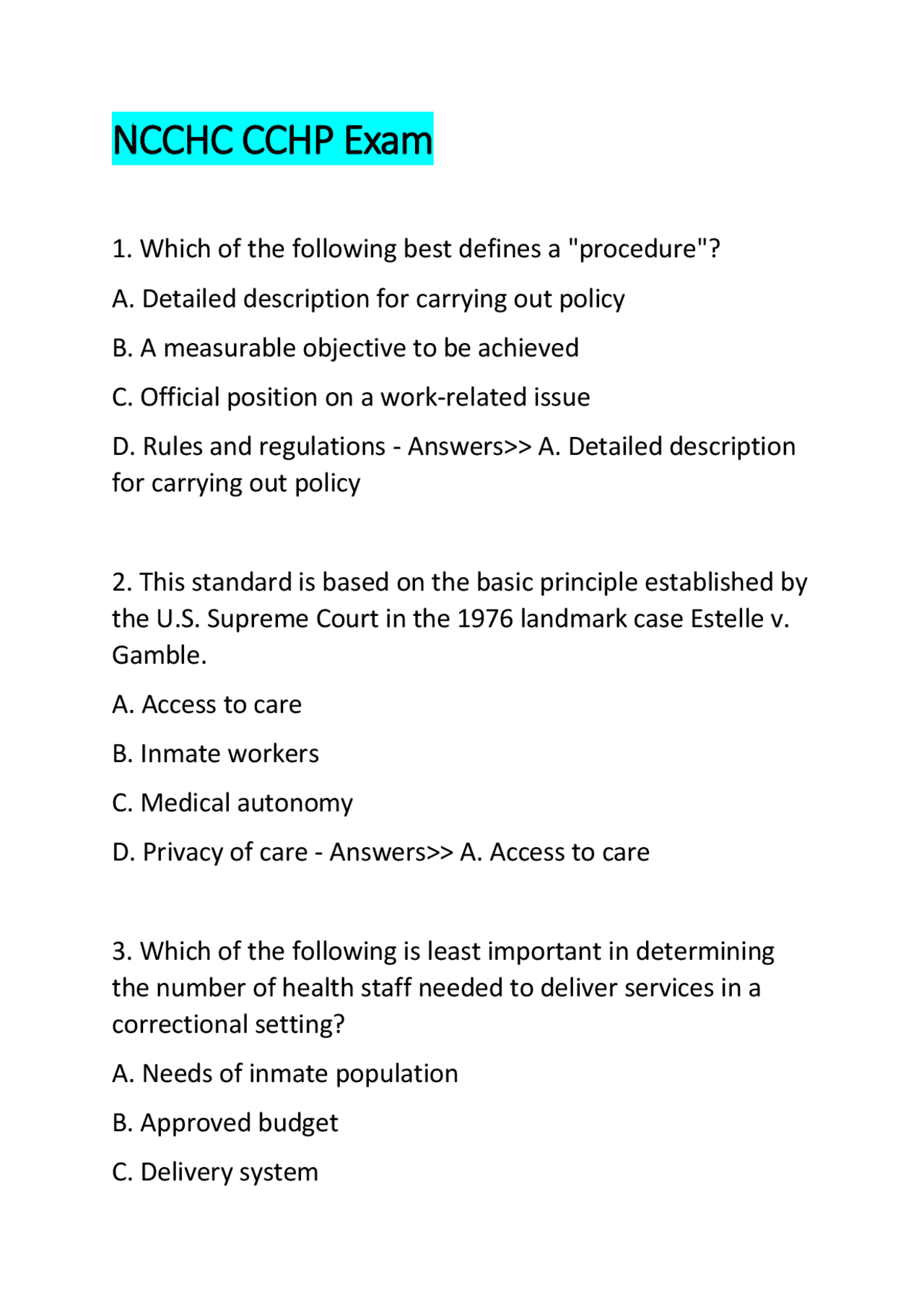 NCCHC CCHP Exam Verified 2024-2025 | Exams Nursing | Docsity