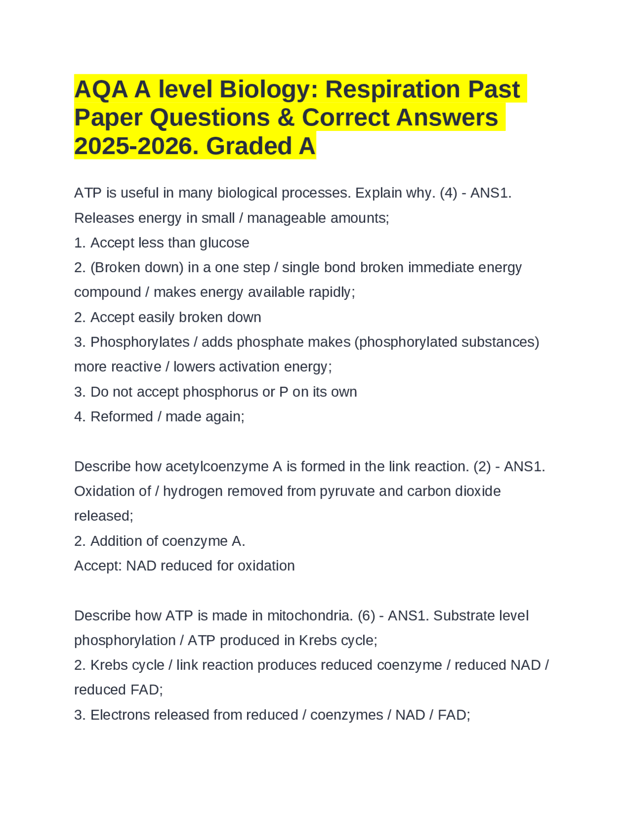 AQA A Level Biology: Respiration Past Paper Questions & Correct Answers ...