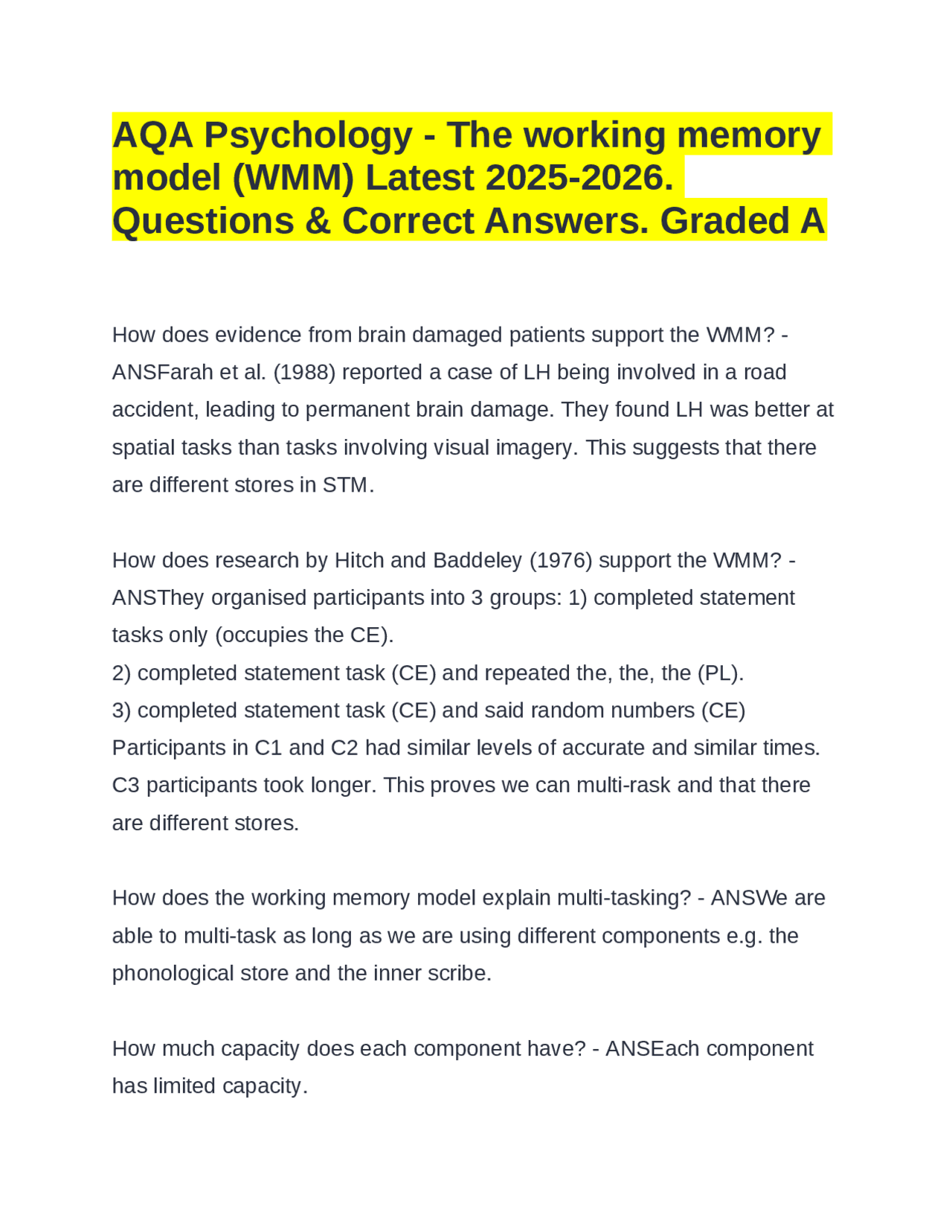 AQA Psychology - The Working Memory Model (WMM) - Questions & Answers ...