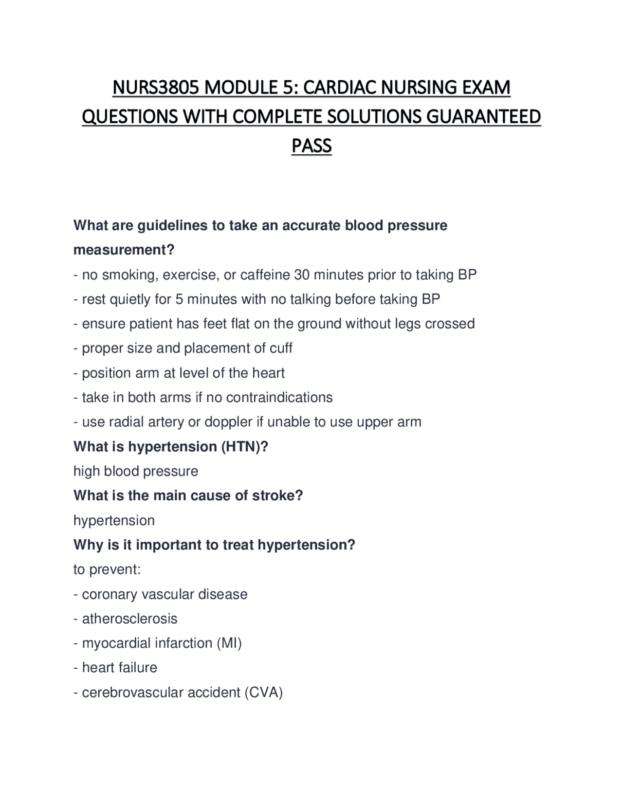 NURS3805 MODULE 5: CARDIAC NURSING EXAM QUESTIONS WITH COMPLETE ...