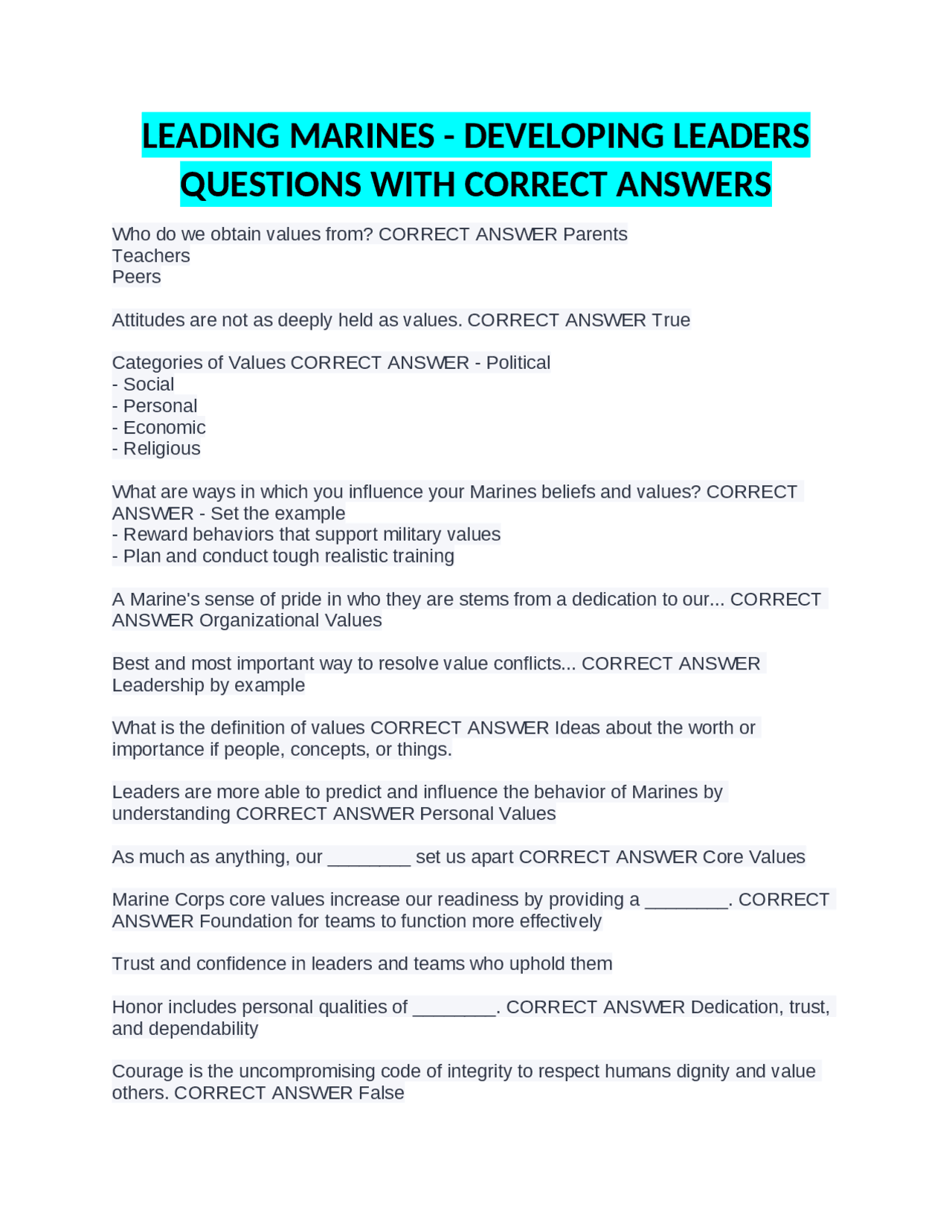 LEADING MARINES - DEVELOPING LEADERS QUESTIONS WITH CORRECT ANSWERS ...