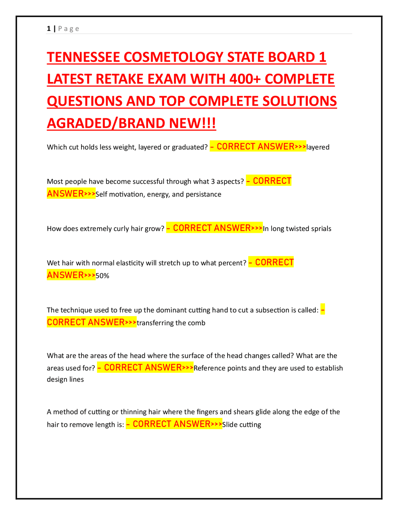 TENNESSEE COSMETOLOGY STATE BOARD 1 LATEST RETAKE EXAM WITH 400 ...