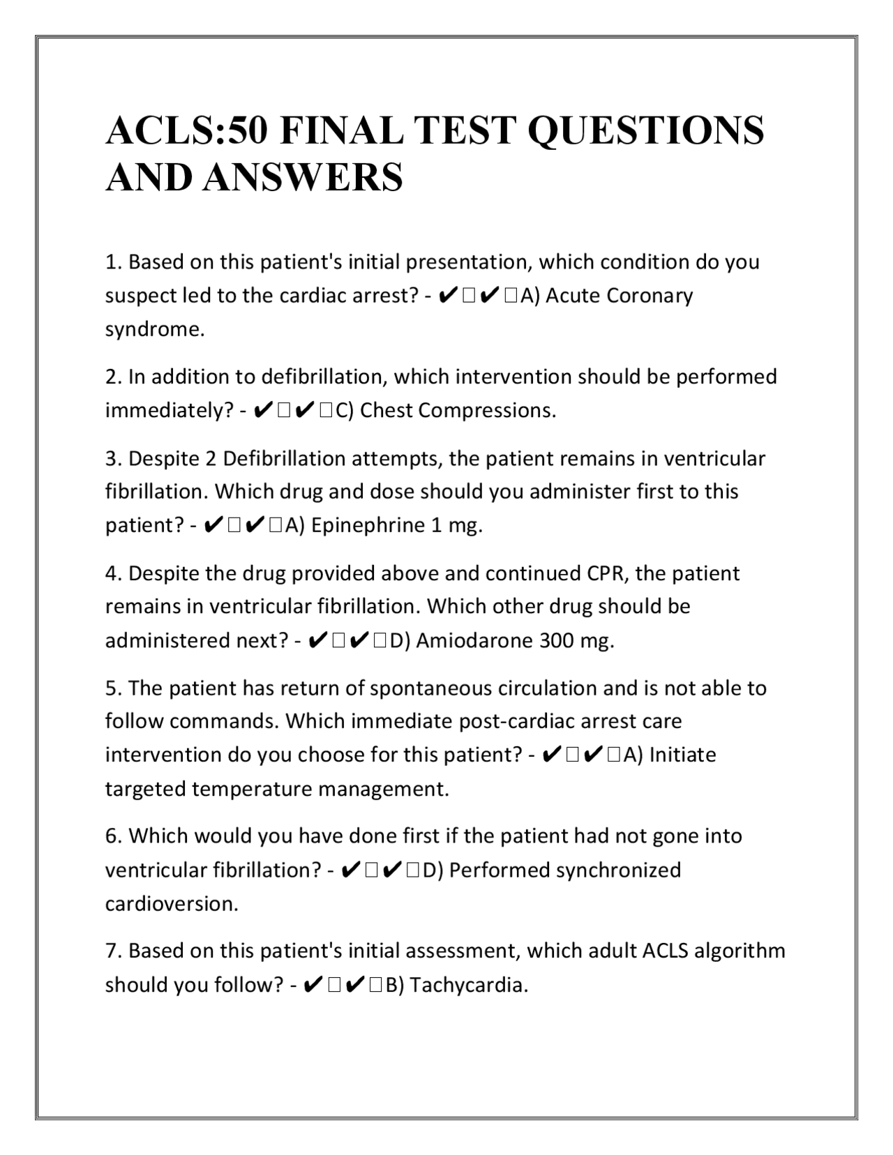 ACLS:50 FINAL TEST QUESTIONS AND ANSWERS | Exams Community Health | Docsity
