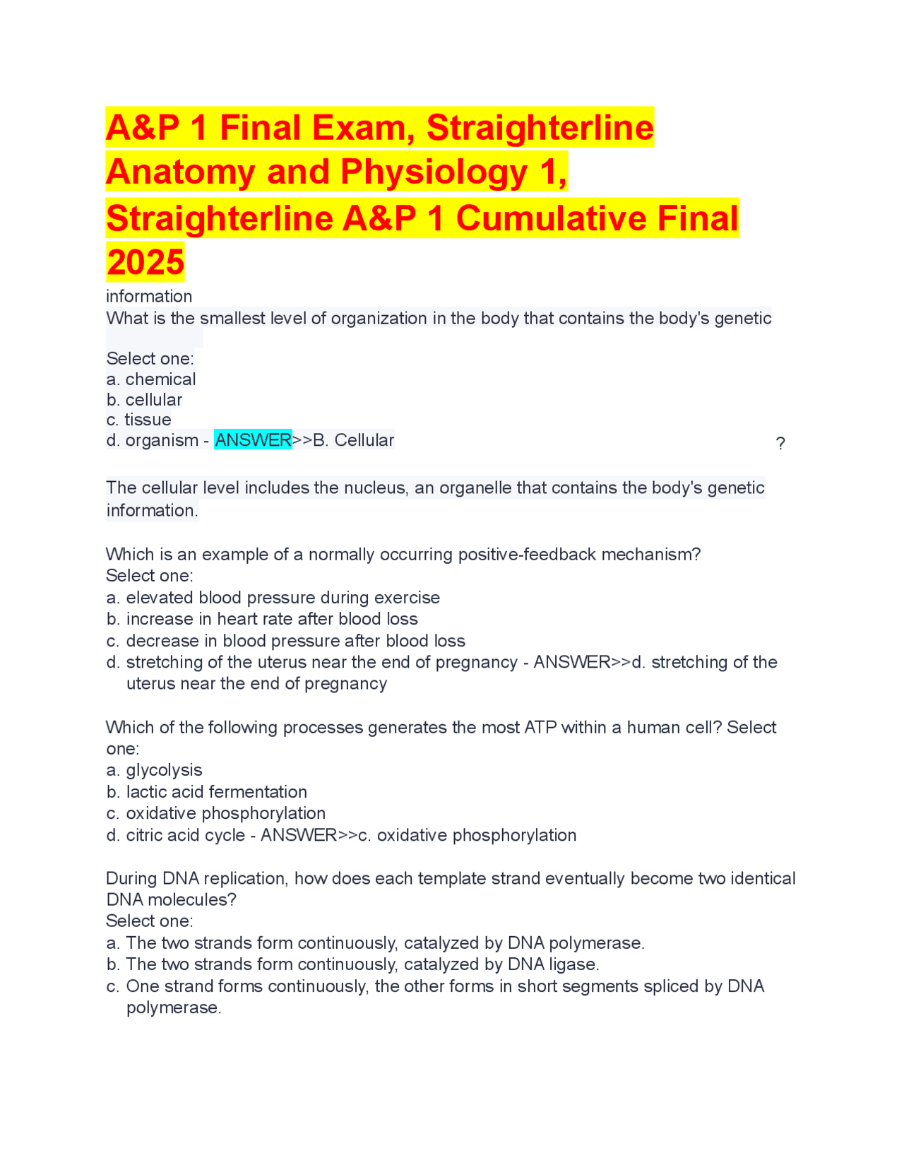 A&P 1 Final Exam, Straighterline Anatomy and Physiology 1 ...