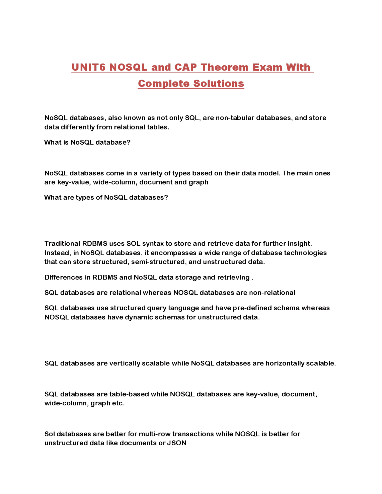 NoSQL Databases and CAP Theorem: Exam Questions and Answers | Exams Advanced Education | Docsity