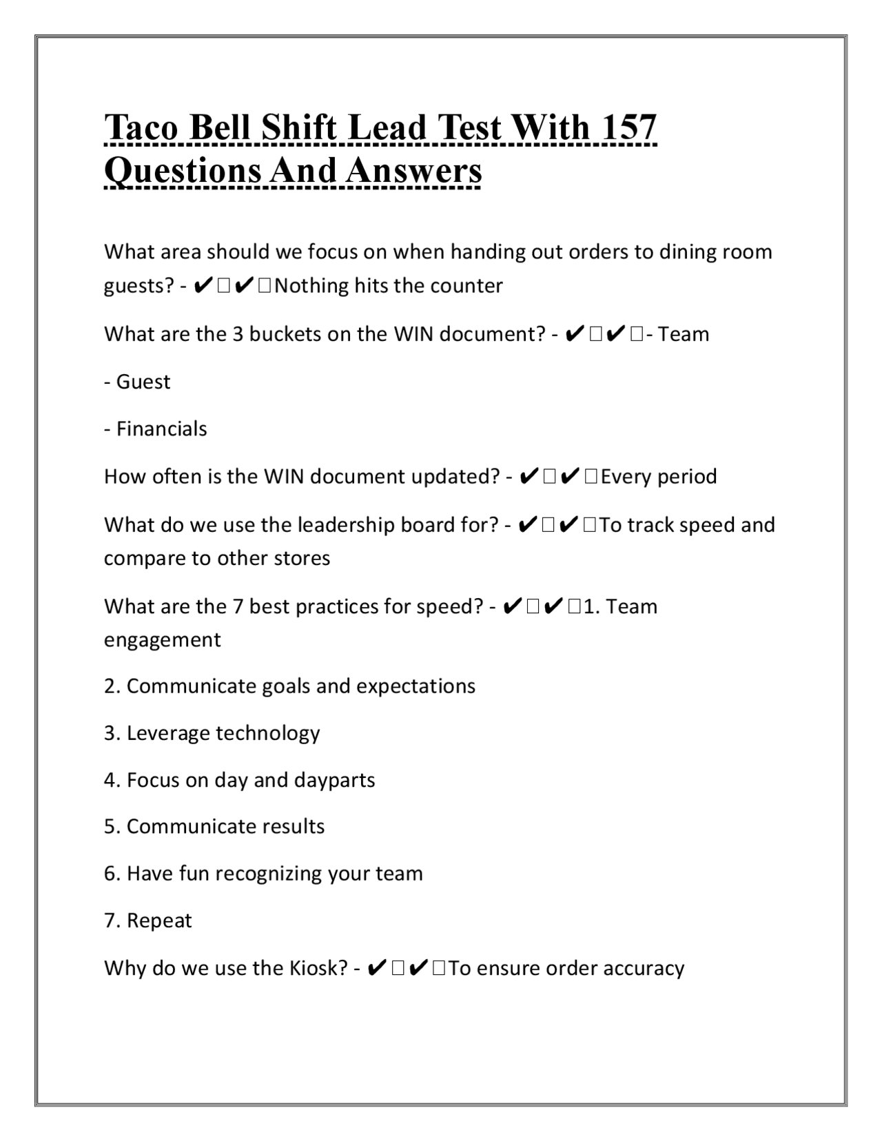 Taco Bell Shift Lead Test: 157 Questions and Answers | Exams ...