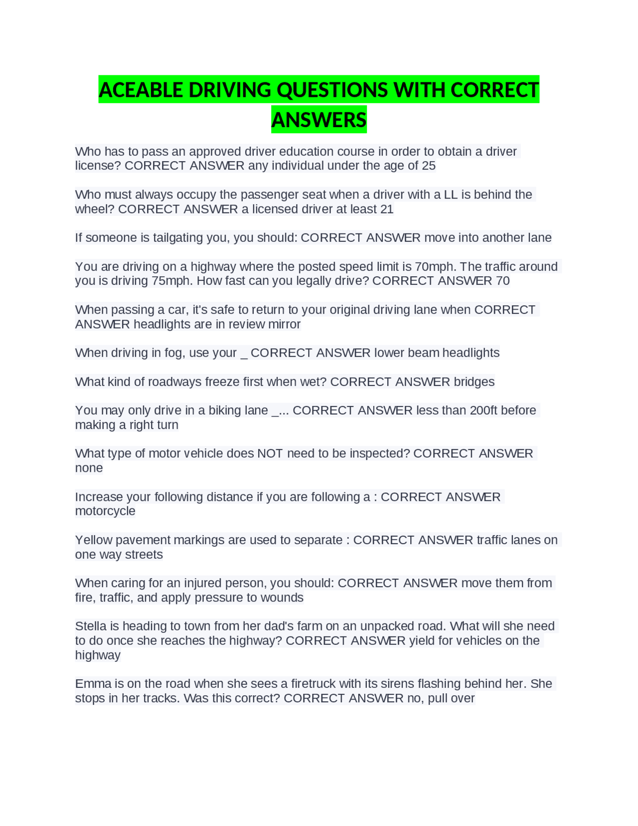 ACEABLE DRIVING QUESTIONS WITH CORRECT ANSWERS | Exams Advanced ...