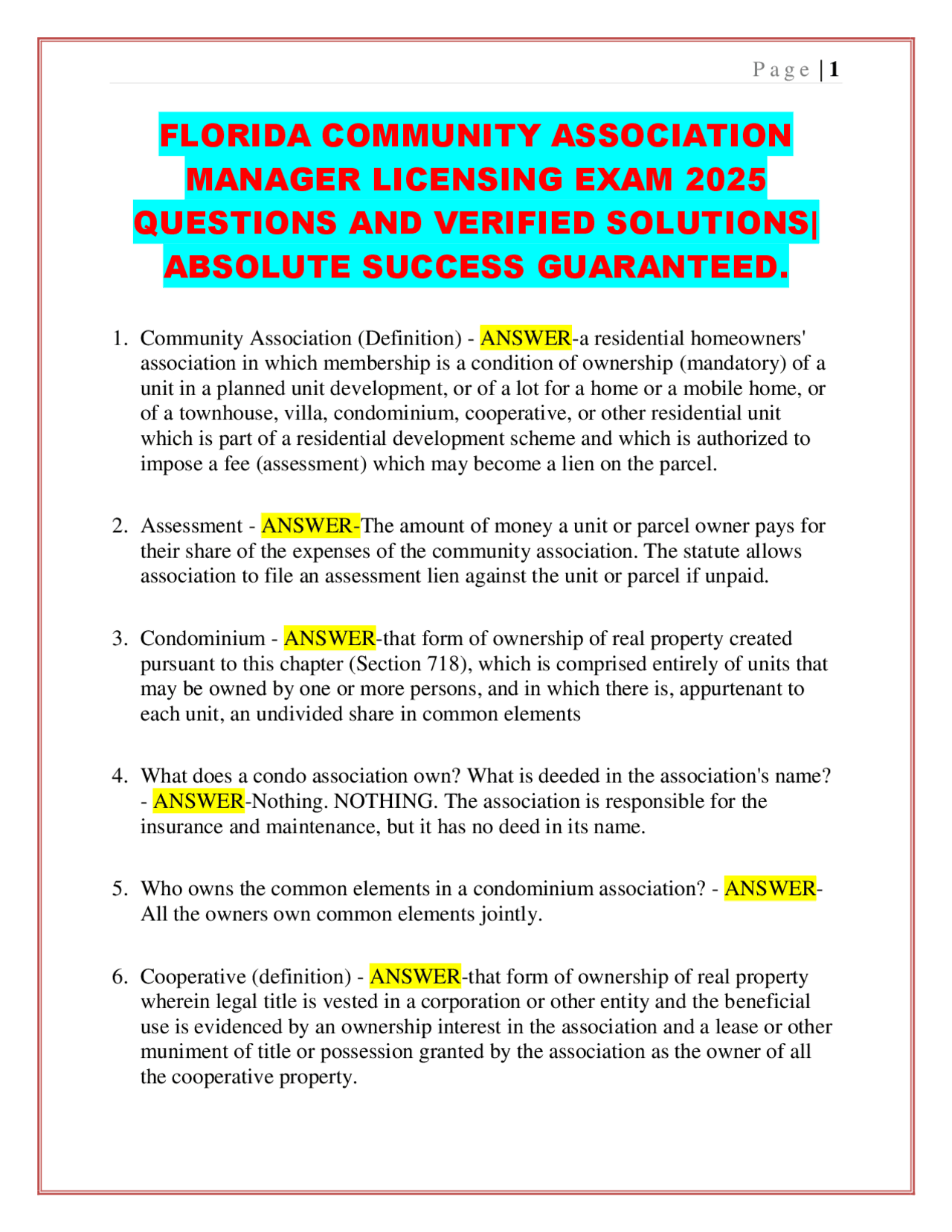 Florida Community Association Manager Exam: Questions & Solutions (2025 ...