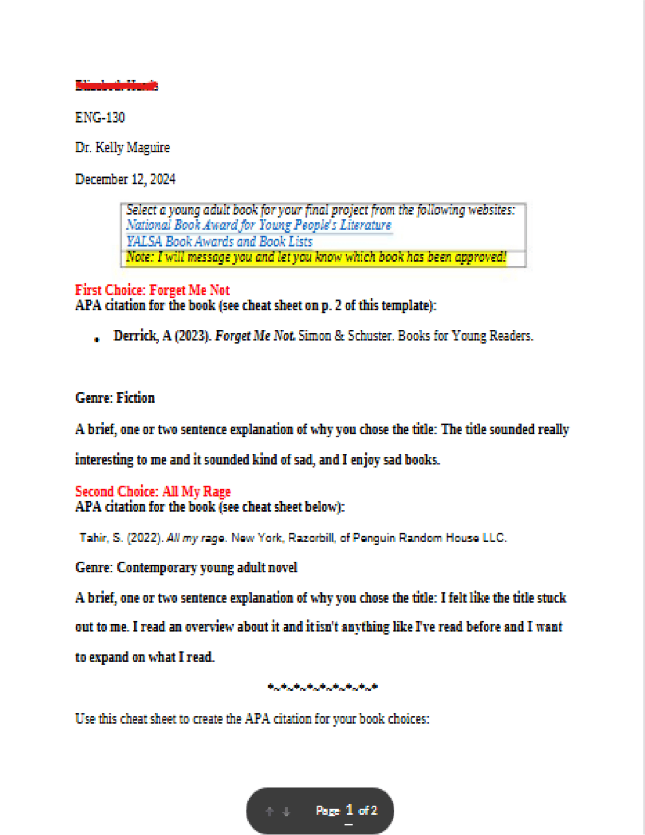 ENG 130 Topic 2 Assessment; Book Approval for Final Project | Assignments English Language | Docsity