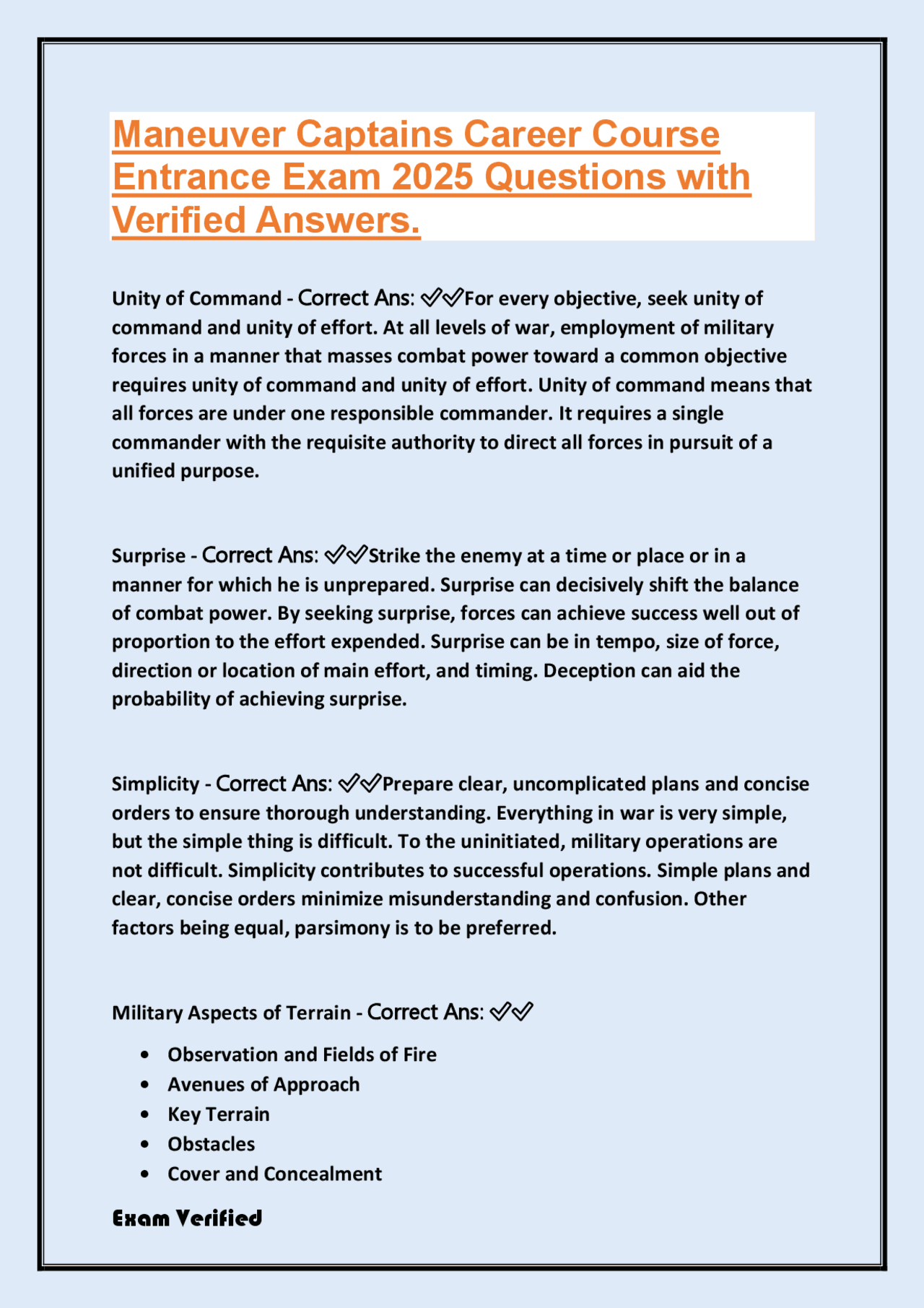 Maneuver Captains Career Course Entrance Exam 2025 Questions with ...