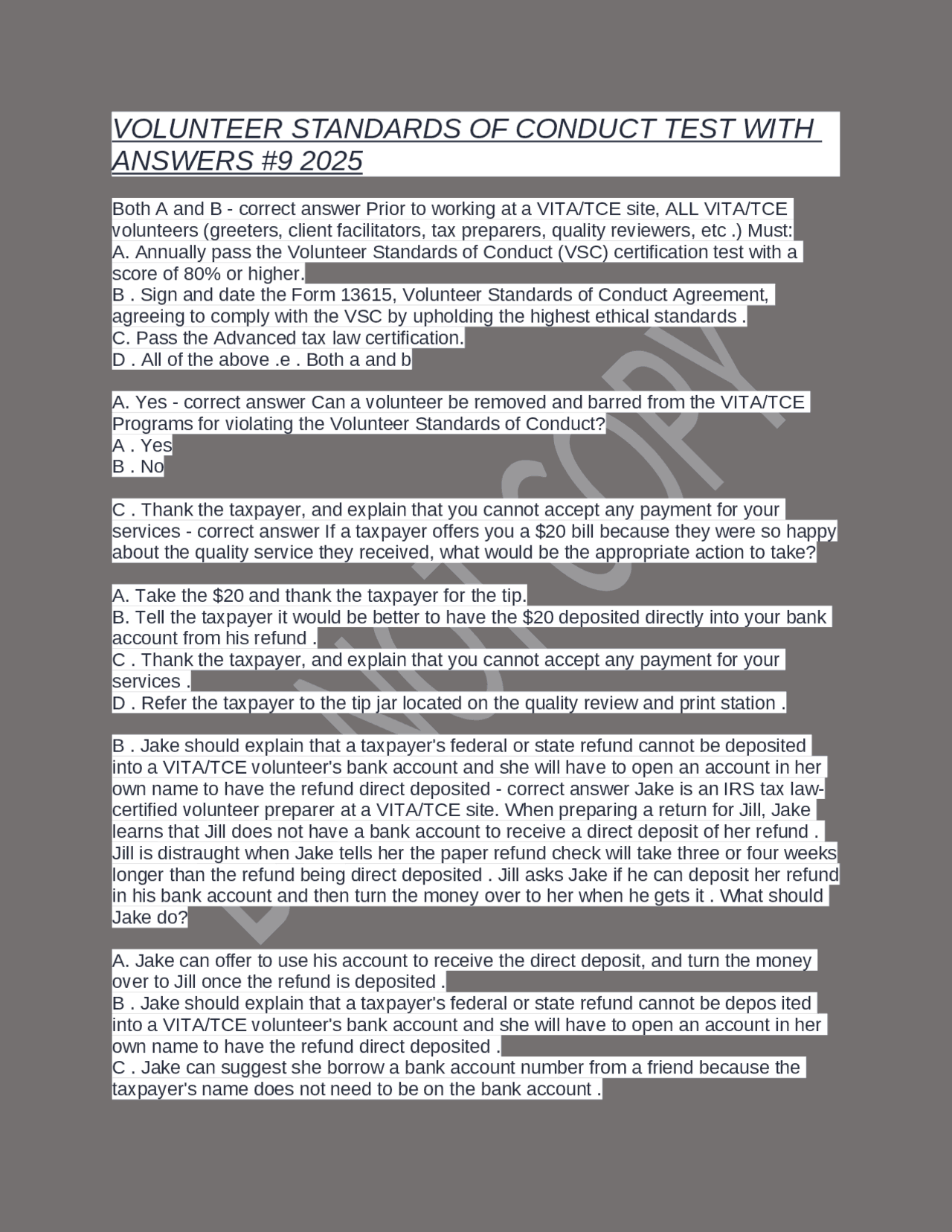 Volunteer Standards of Conduct Test with Answers - Prof. Fishal | Exams ...