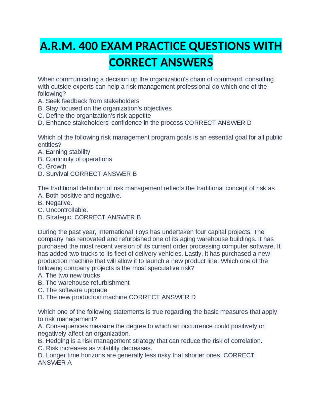 Risk Management Exam Practice Questions with Correct Answers | Exams ...