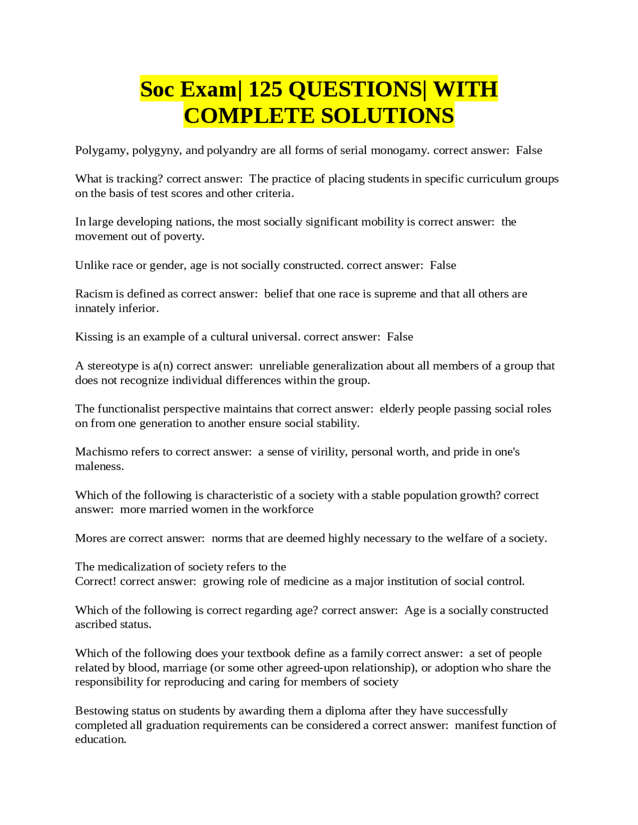 Soc Exam| 125 QUESTIONS| WITH COMPLETE SOLUTIONS | Exams Nursing | Docsity