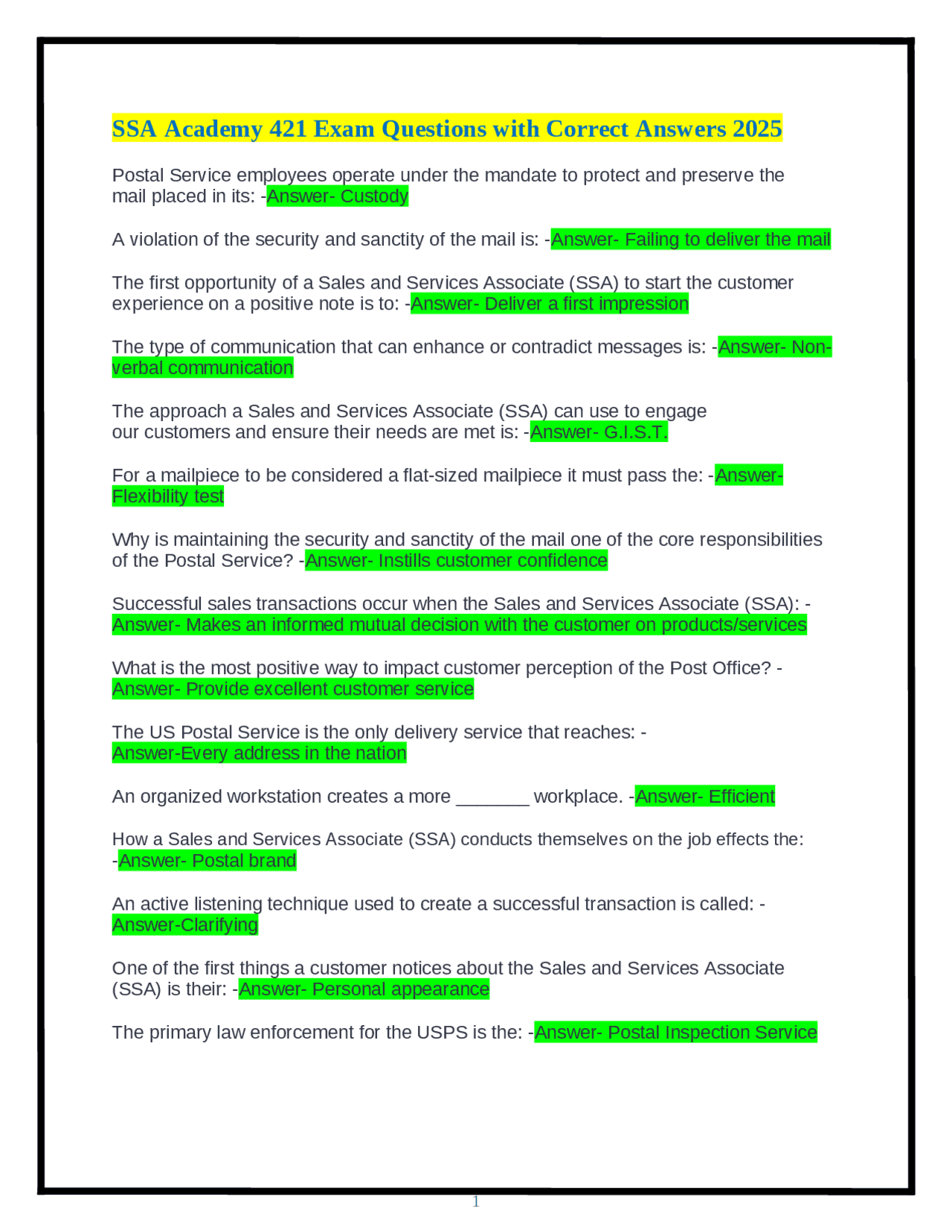 SSA Academy 421 Exam Questions with Correct Answers 2025 | Exams ...