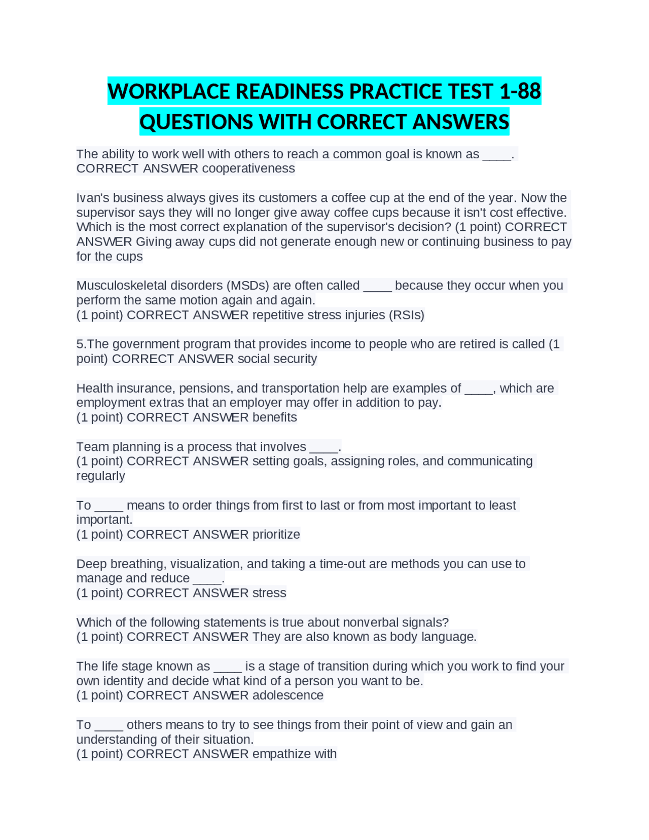 WORKPLACE READINESS PRACTICE TEST 1-88 QUESTIONS WITH CORRECT ANSWERS ...