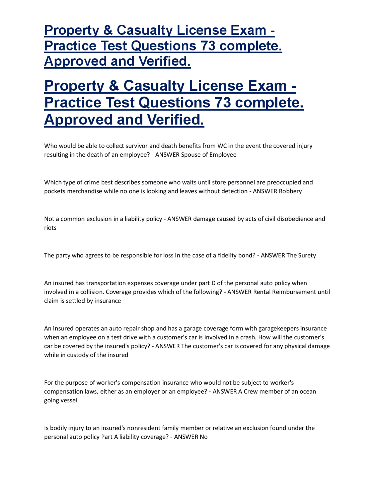 Property & Casualty License Exam Practice Test Questions | Exams ...