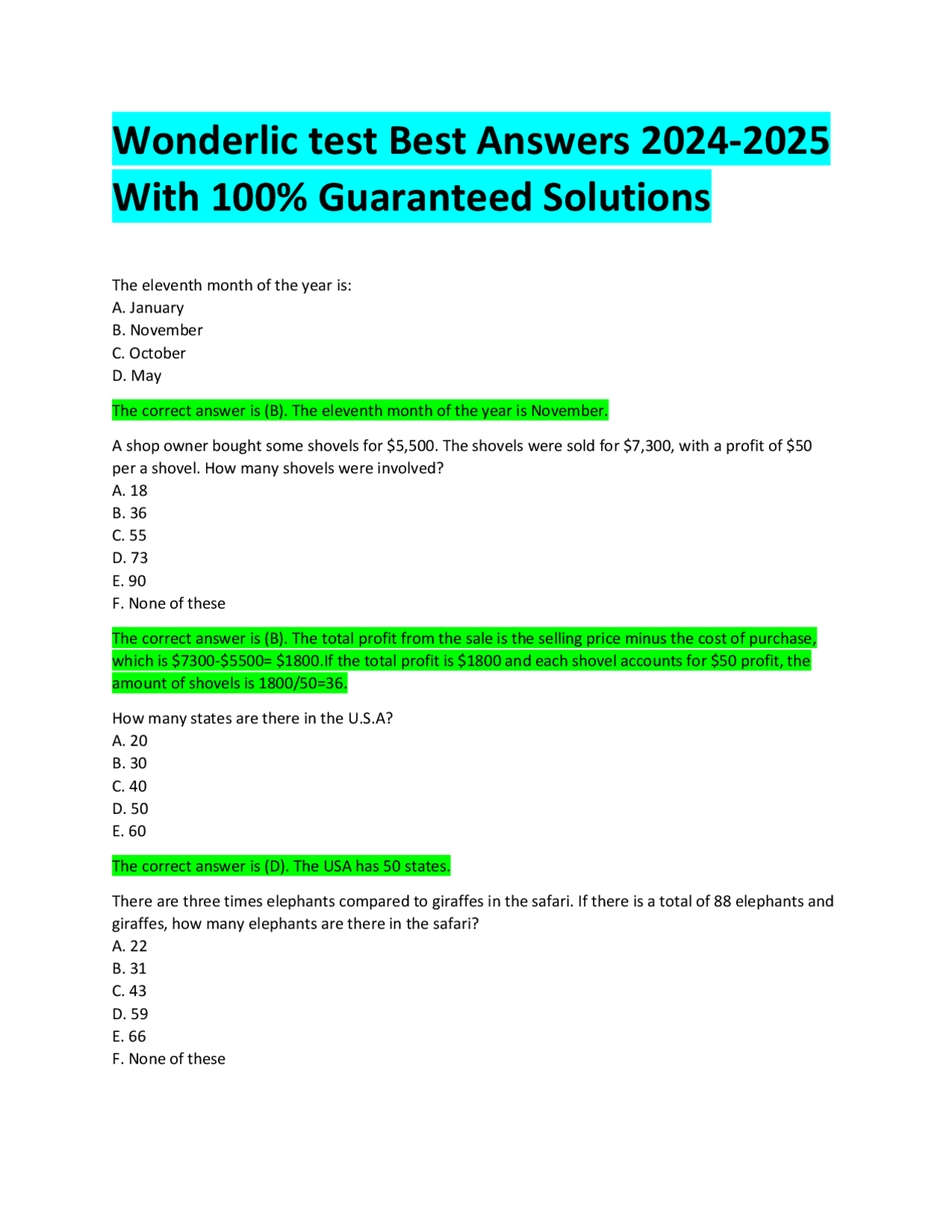 Wonderlic test Best Answers 2024-2025 With 100% Guaranteed Solutions ...