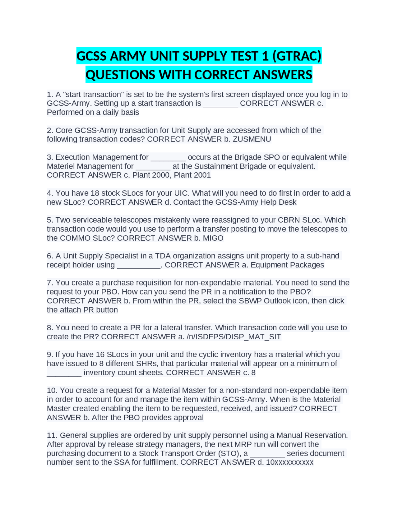 GCSS-Army Unit Supply Test 1 (GTRAC) Questions with Correct Answers ...