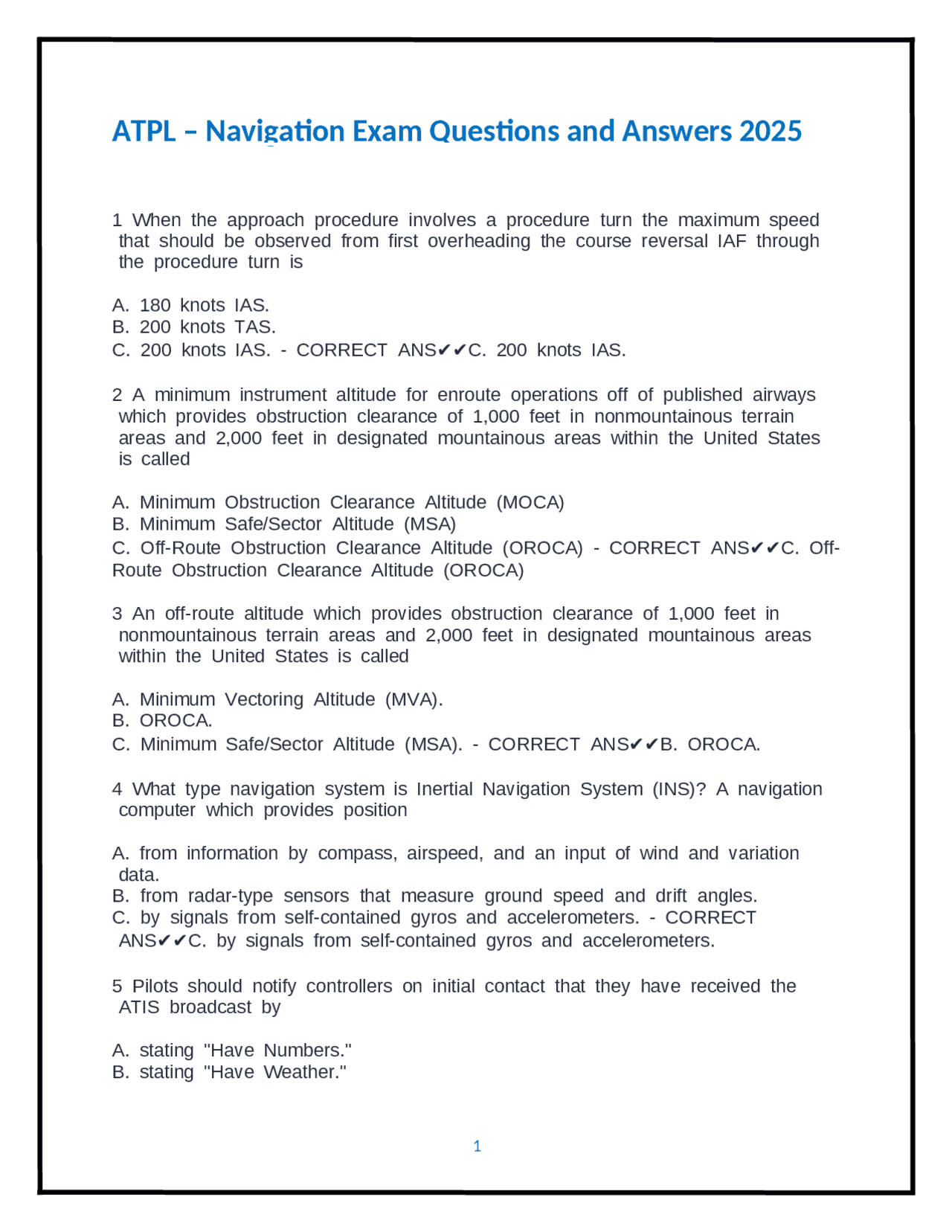 ATPL Navigation Exam Questions and Answers 2025 | Exams Nursing | Docsity