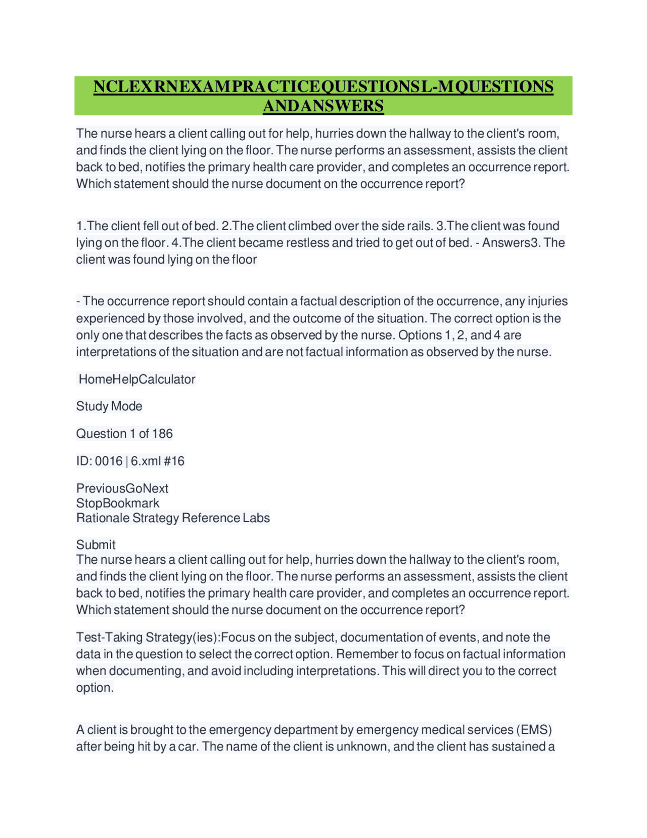 NCLEX RN EXAM PRACTICE QUESTIONS L-M QUESTIONS AND ANSWERS | Exams ...