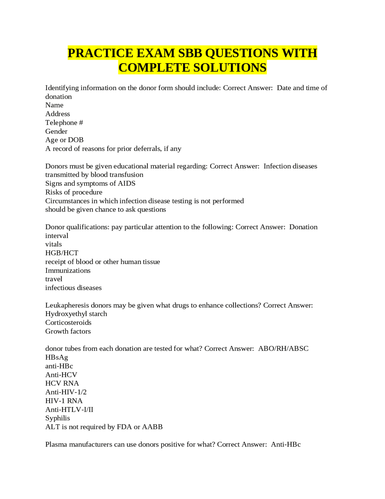 Practice Exam Questions for Blood Banking and Transfusion Medicine ...